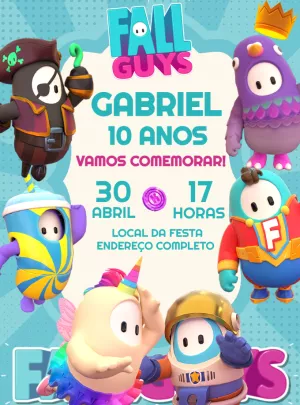 Convite Aniversário Fall Guys - Edite grátis com nosso editor online
