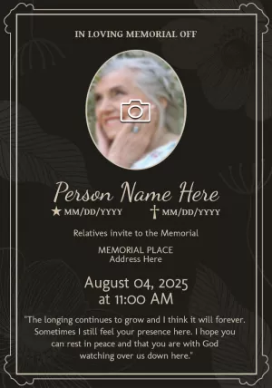 Make online MEMORIAL FUNERAL CARD digital invitation with photo