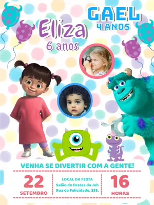 Boo and Sully Boo Monsters Inc Double Birthday Invitation with photo ...