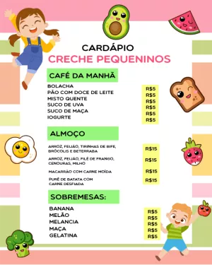 Arte Cardápio Creche Escola Infantil - Edite grátis com nosso editor online