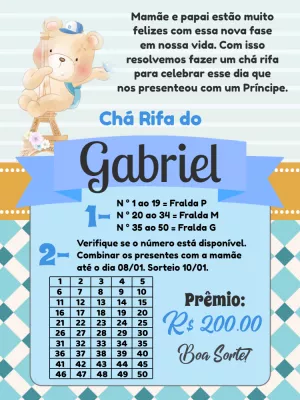 Convite chá rifa Fralda Ursinho - Edite grátis com nosso editor online