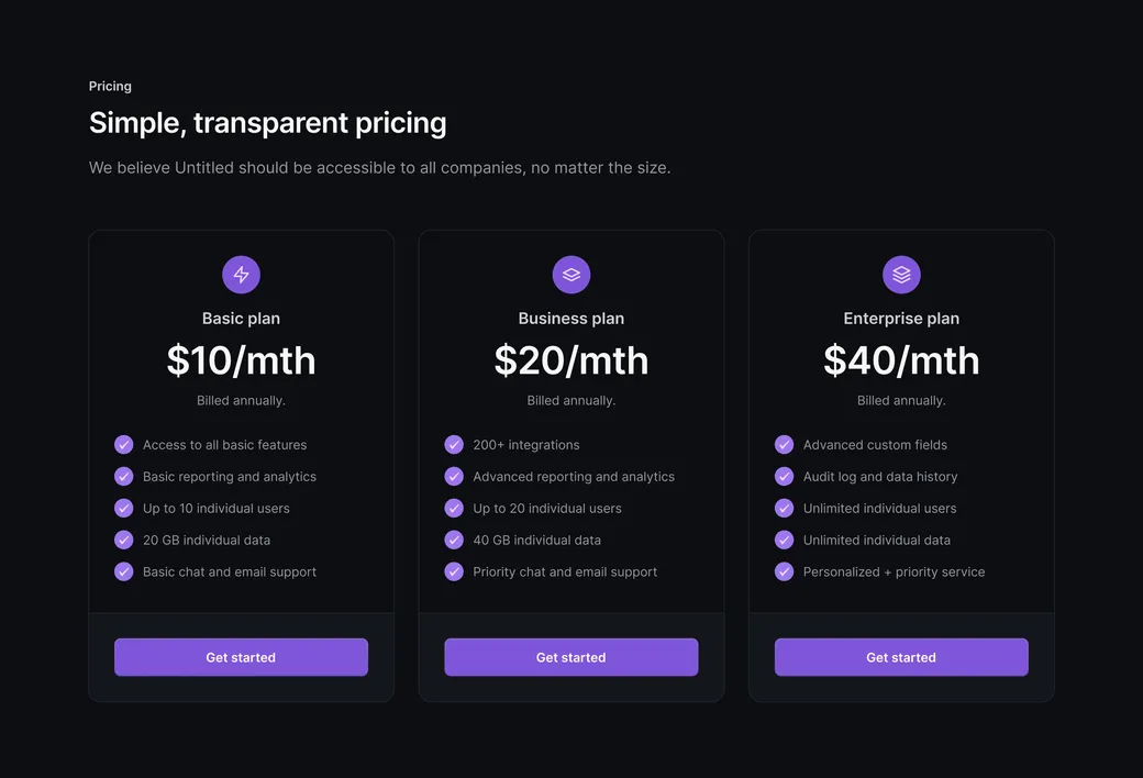 React website pricing section components | Untitled UI
