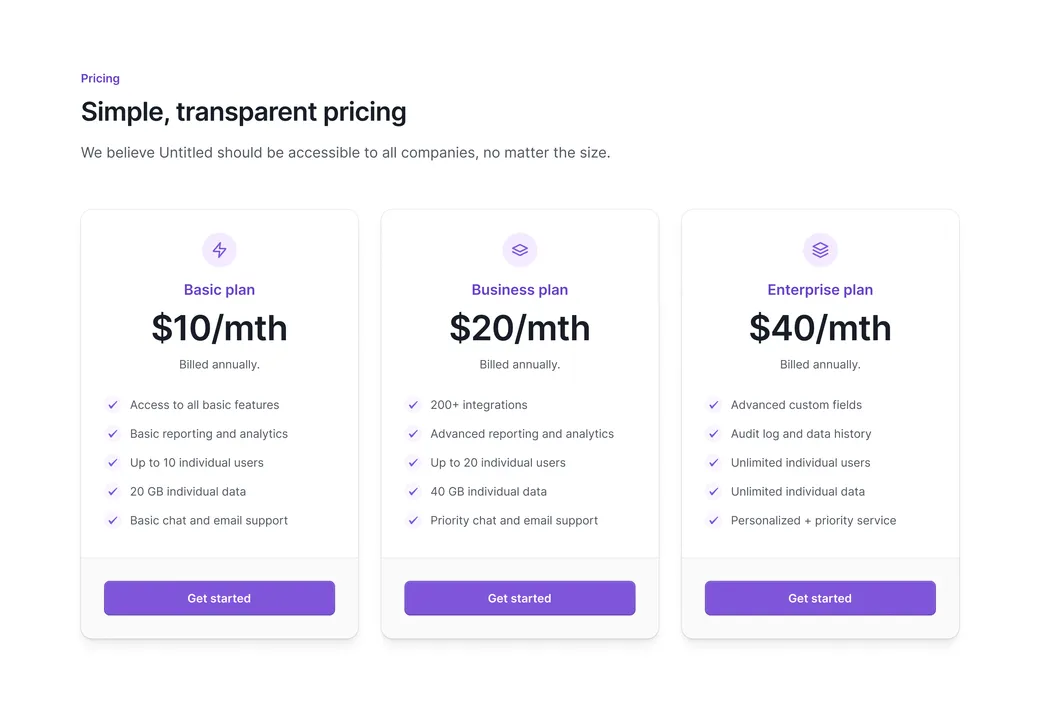 React website pricing section components | Untitled UI