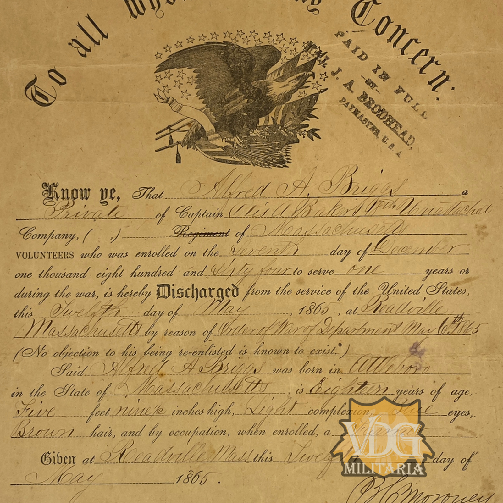 US Civil War Discharge Document PVT Alfred A. Briggs, Mass. Volunteers ...