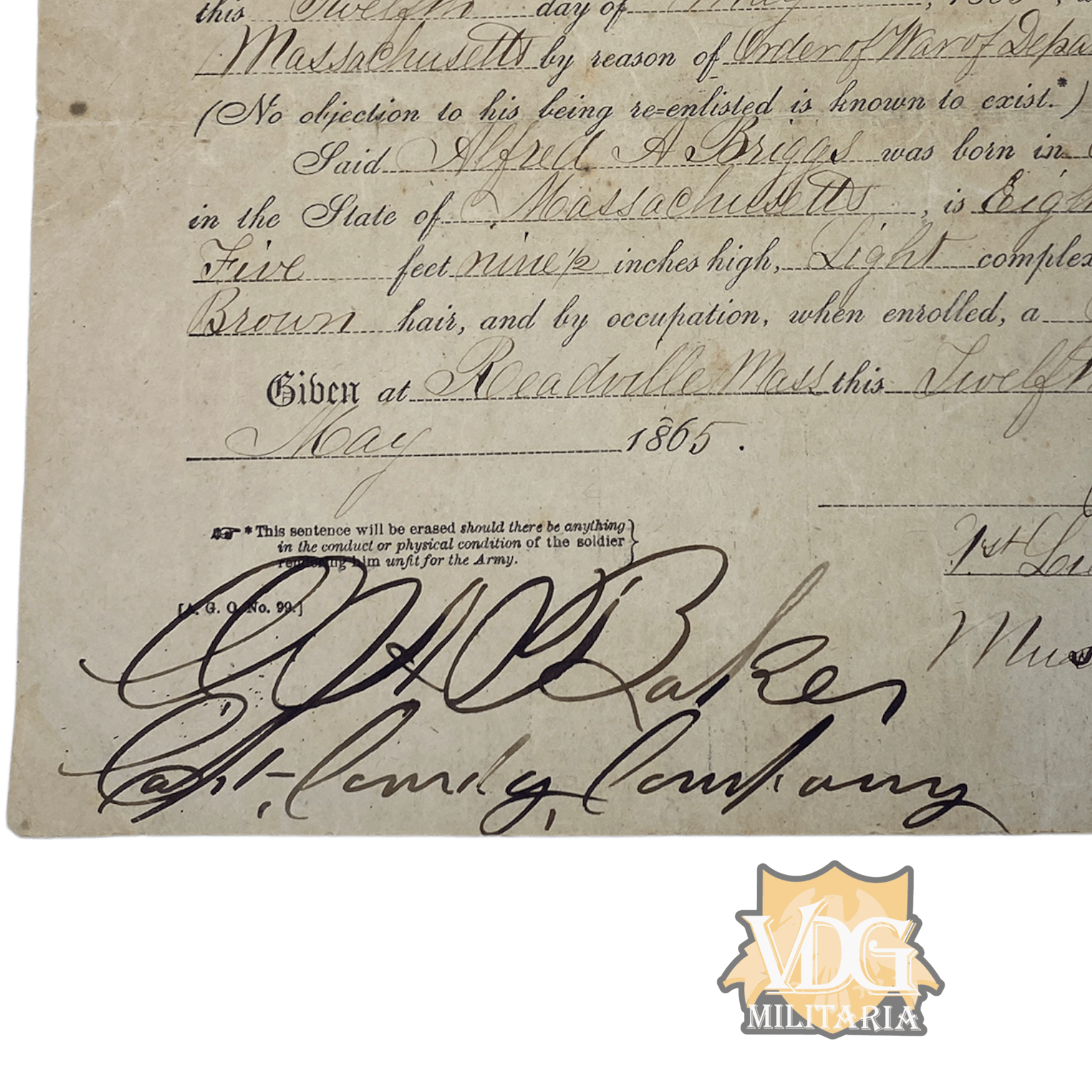 US Civil War Discharge Document PVT Alfred A. Briggs, Mass. Volunteers ...