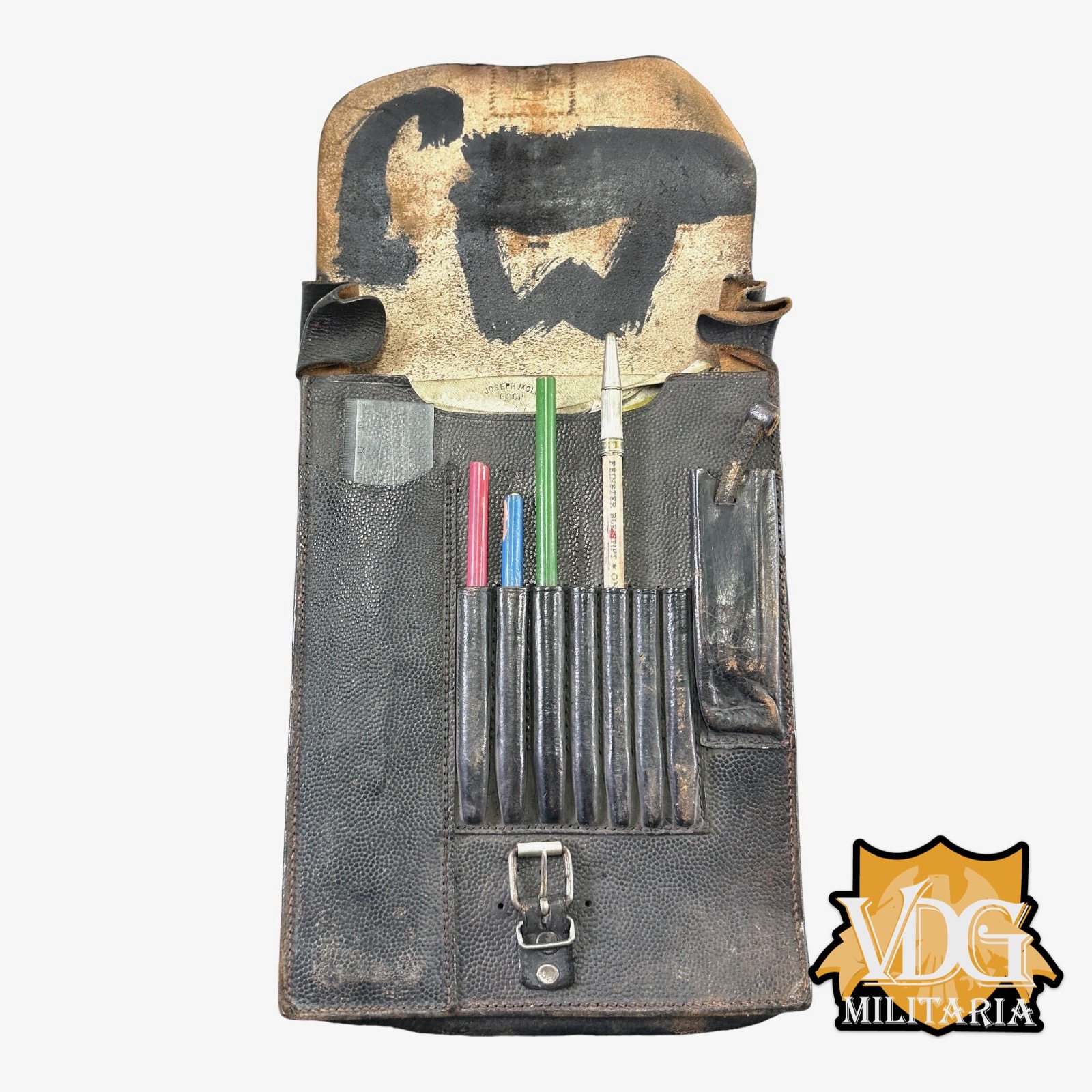 WW2 German Wehrmacht Black Leather Map Case with Tools-Joseph Moll Goch ...