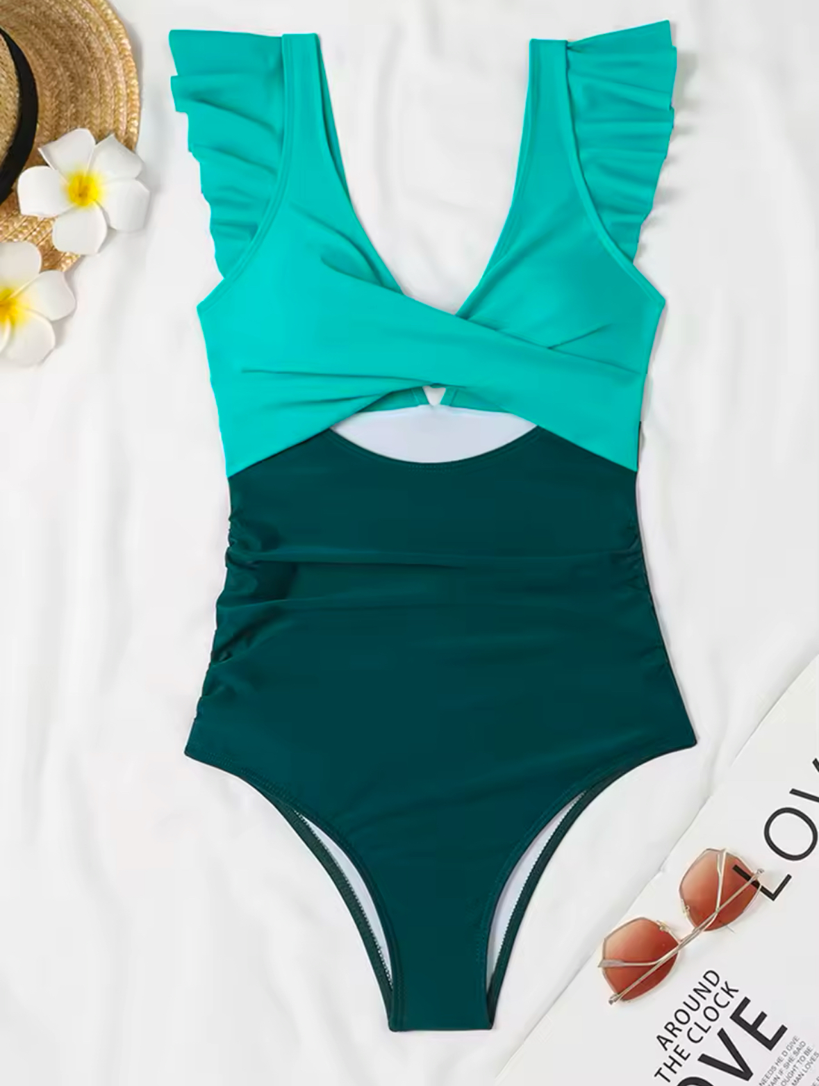 2 Color Green One Piece Solid Ruffle Swimwear (Talla L) - Avant ...
