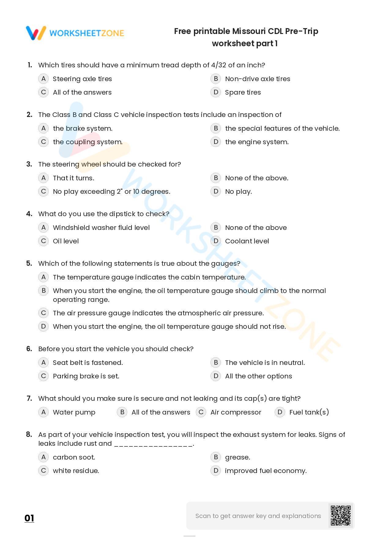 Free Printable Missouri CDL Pre-Trip Worksheet Part 1
