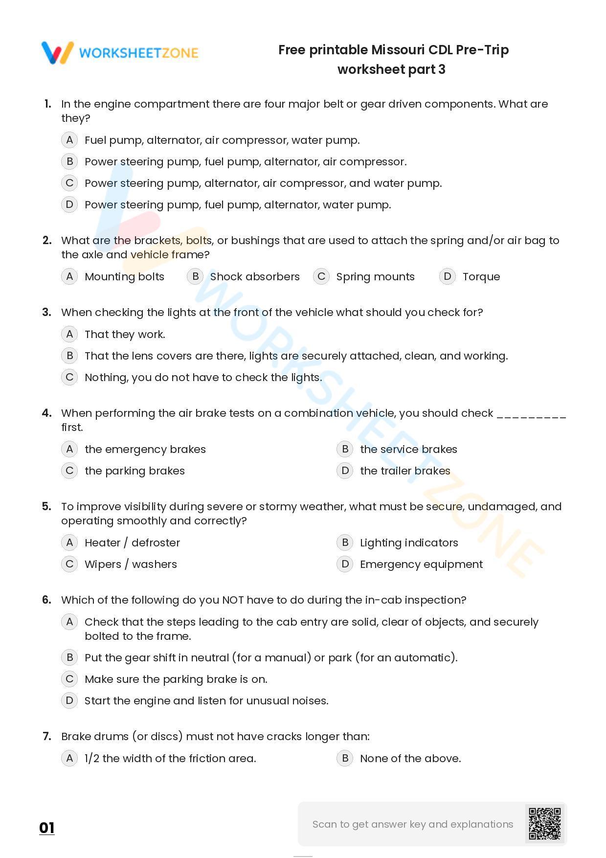 Free printable Missouri CDL Pre-Trip worksheet part 3 | Worksheetzone