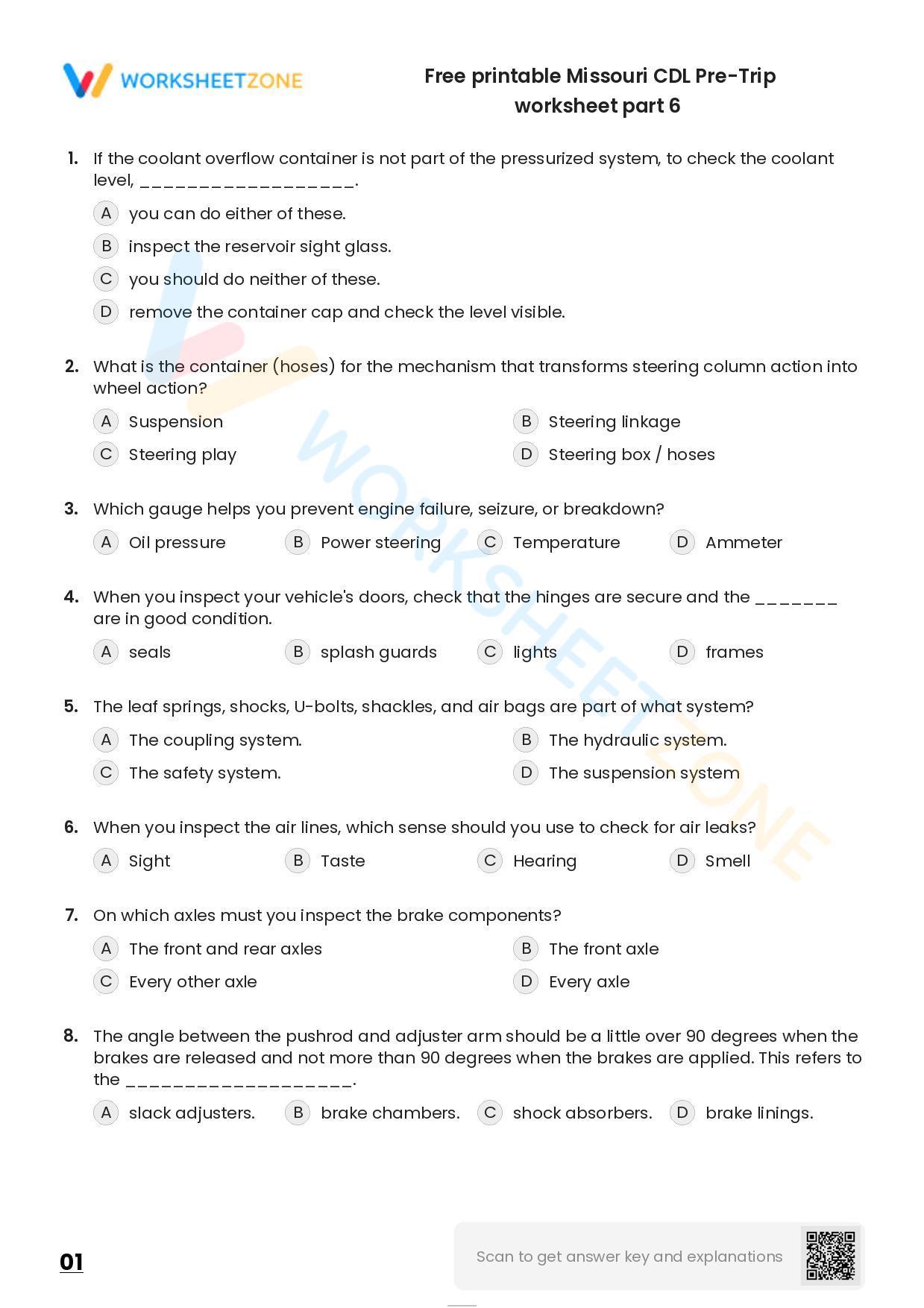 Free printable Missouri CDL Pre-Trip worksheet part 6 | Worksheetzone