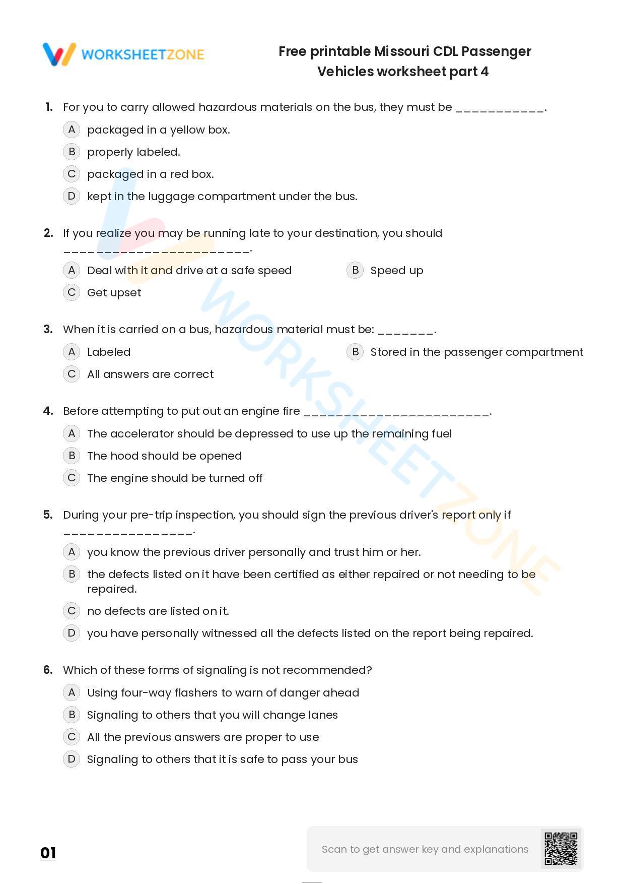 Free Printable Missouri CDL Passenger Vehicles Worksheet Part 4