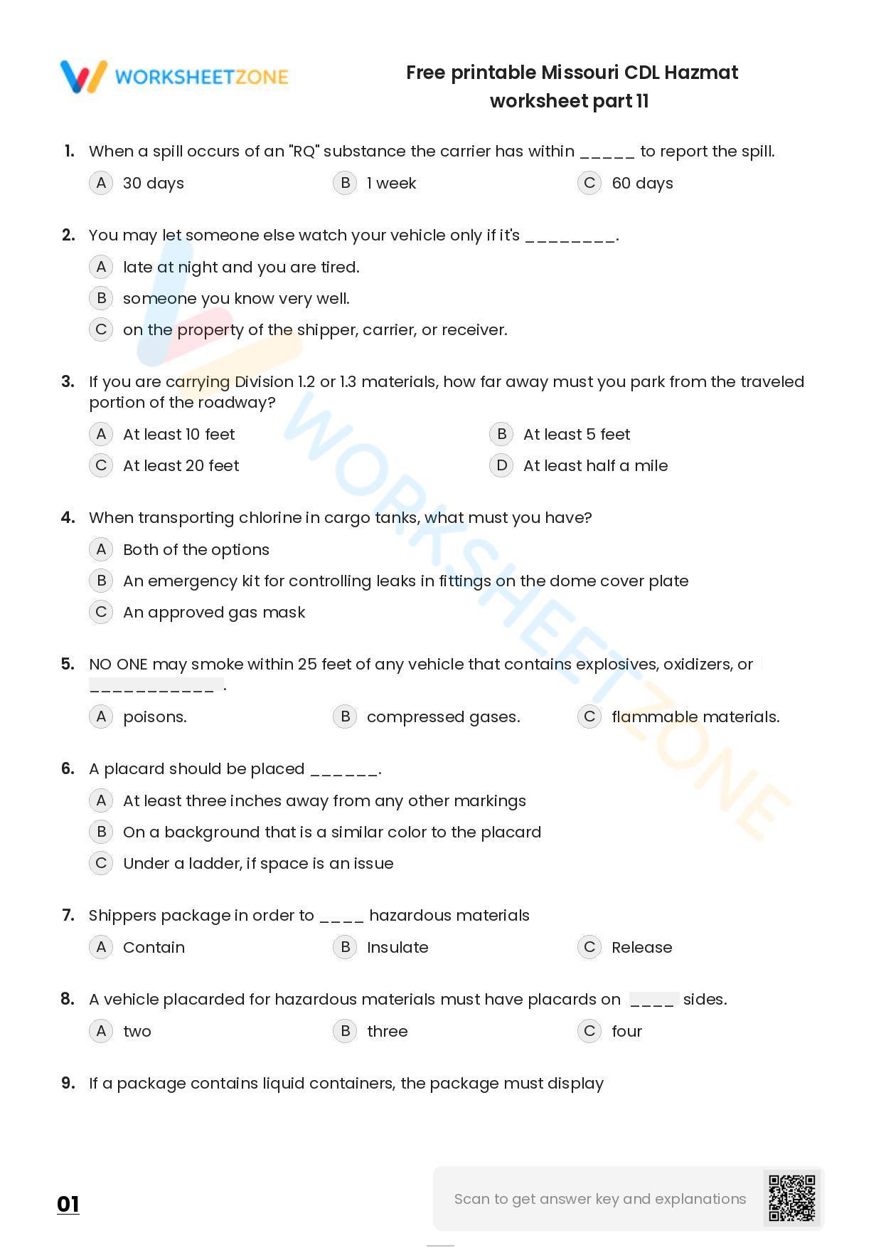 Free printable Missouri CDL Hazmat worksheet part 5 | Worksheet Zone