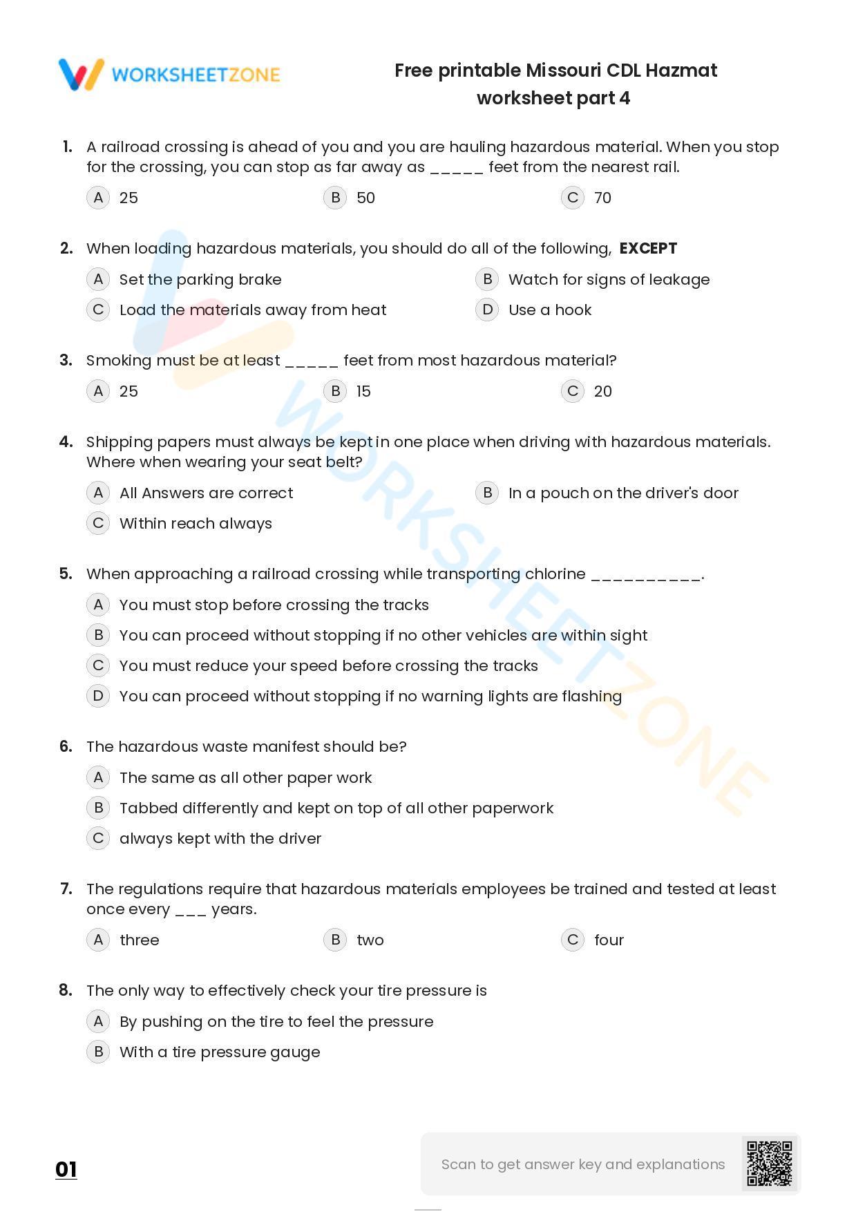 Free Printable Missouri CDL Hazmat Worksheet Part 4