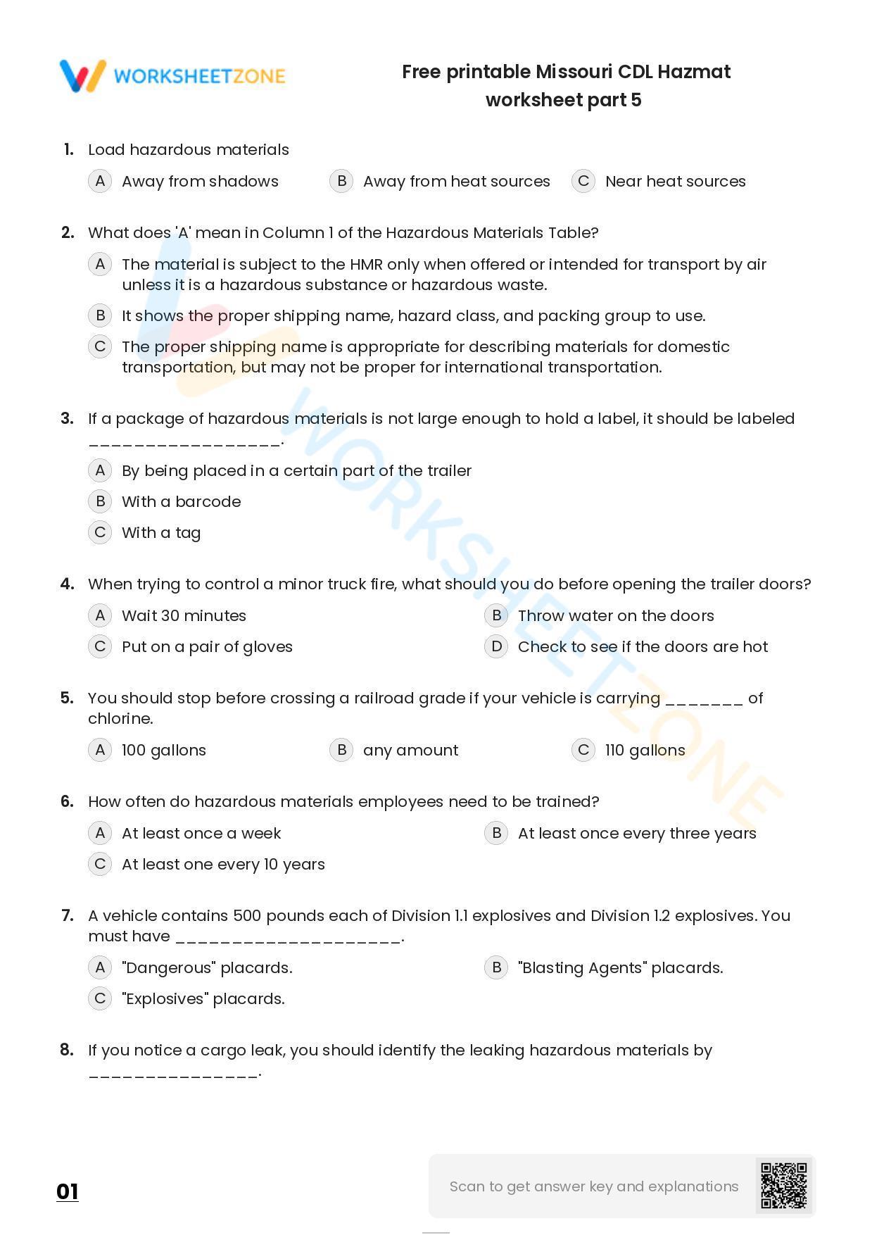 Free Printable Missouri CDL Hazmat Worksheet Part 5