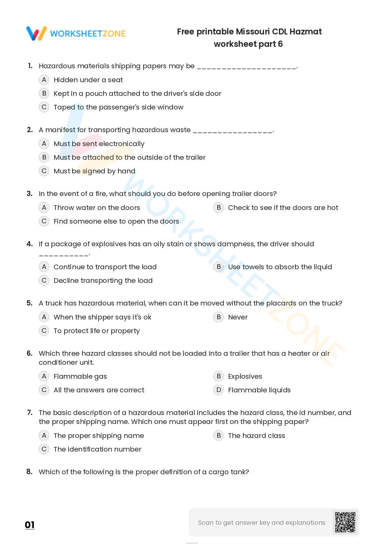 Free printable Missouri CDL Hazmat worksheet part 5 | Worksheet Zone