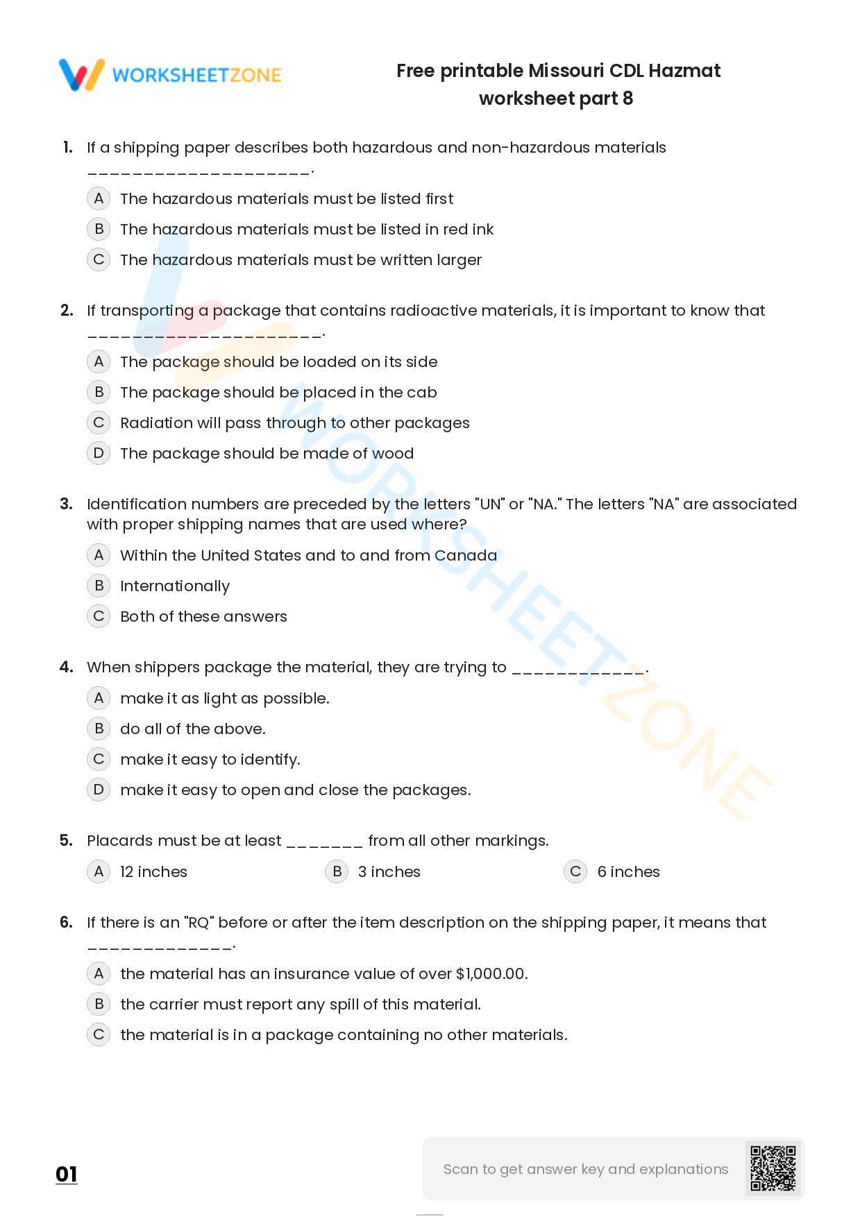 Free printable Missouri CDL Hazmat worksheet part 5 | Worksheet Zone