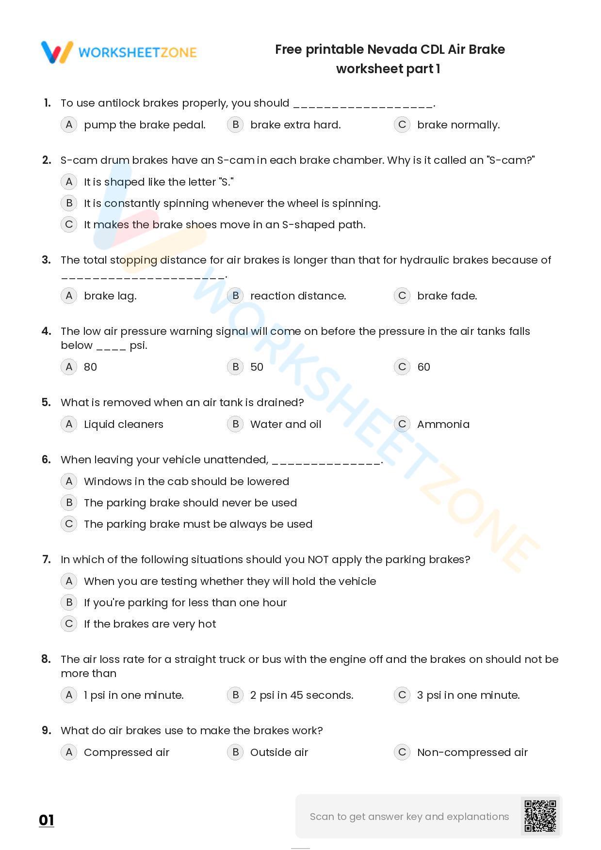 Free Printable Nevada CDL Air Brake Worksheet Part 1