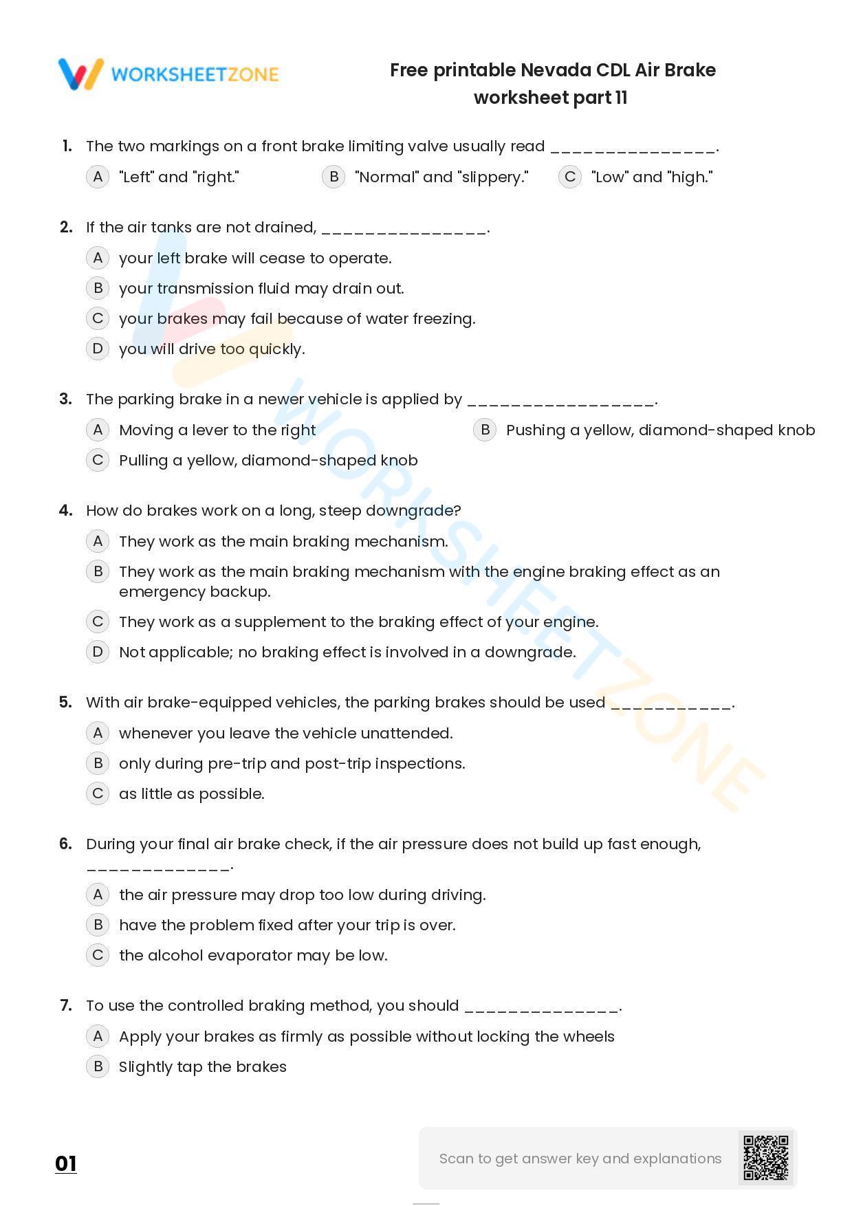Free Printable Nevada CDL Air Brake Worksheet Part 11