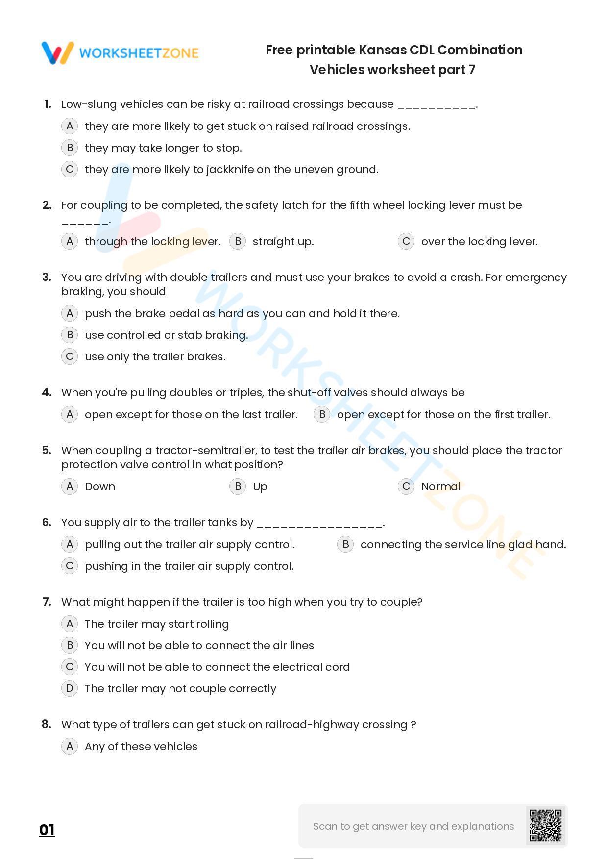 Free Printable Kansas CDL Combination Vehicles Worksheet Part 7
