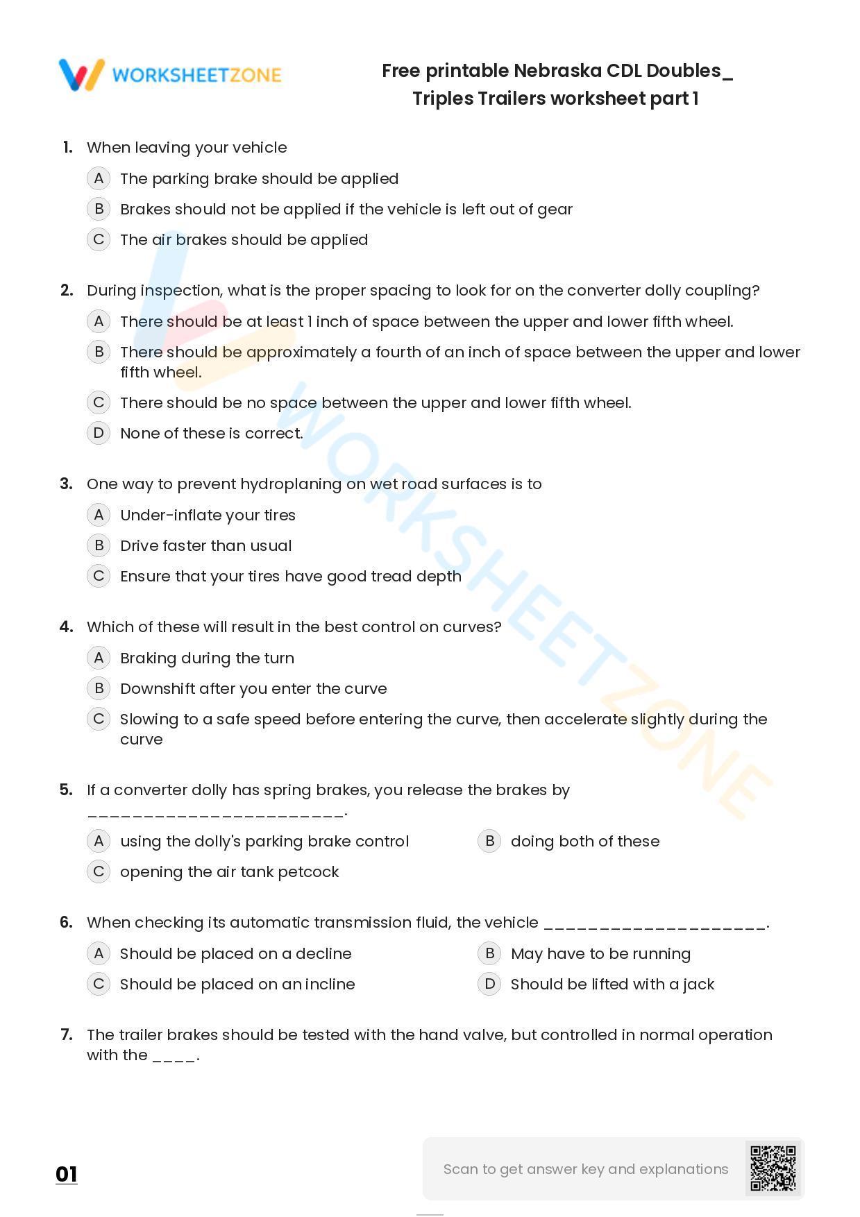 Free Printable Nebraska CDL Doubles/ Triples Trailers Worksheet Part 1
