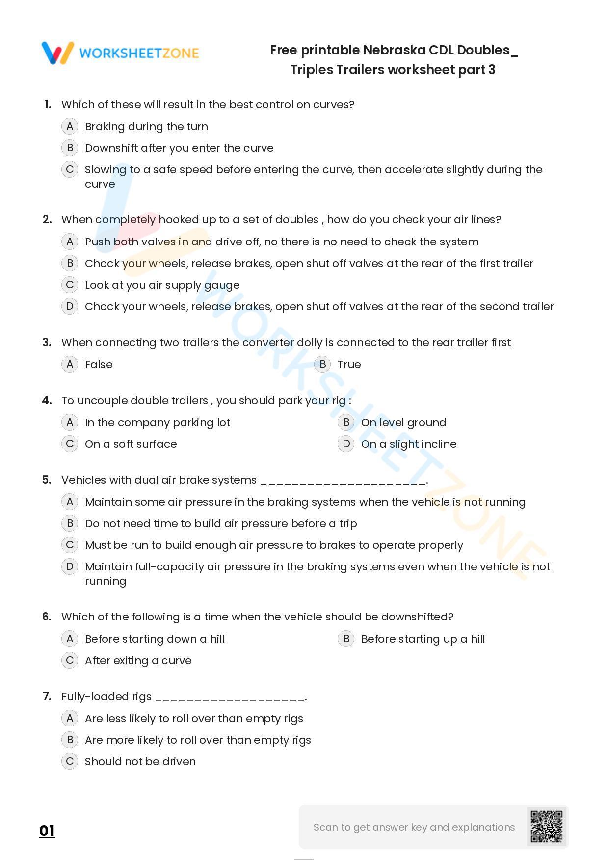 Free Printable Nebraska CDL Doubles/ Triples Trailers Worksheet Part 3