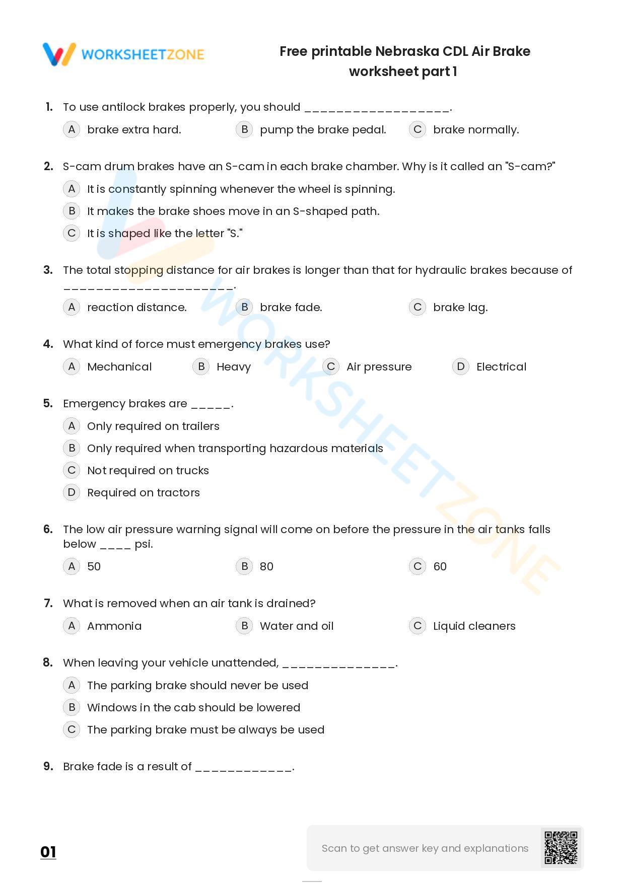 Free printable Nebraska CDL Air Brake worksheet part 6 | Worksheet Zone