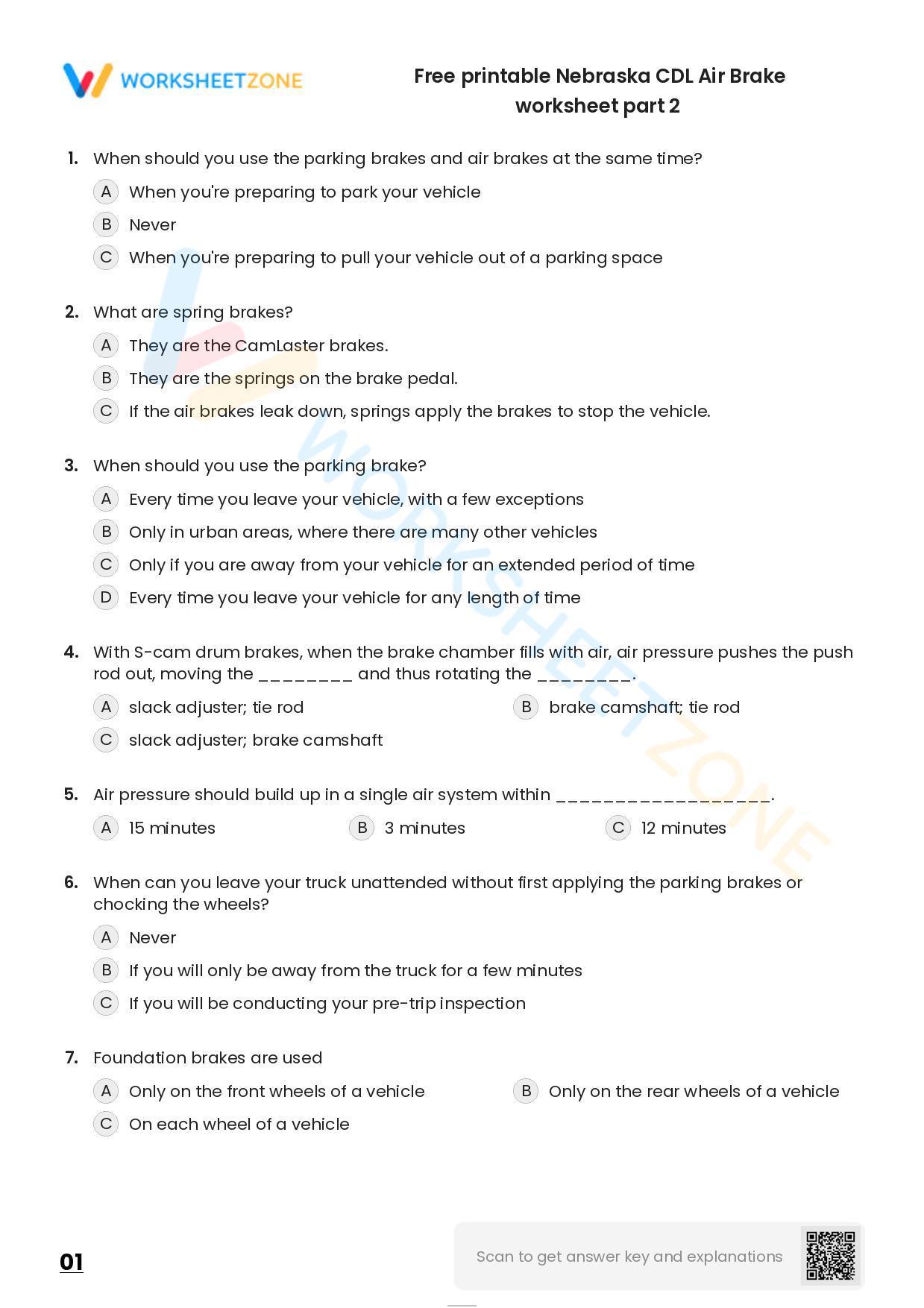 Free printable Nebraska CDL Air Brake worksheet part 6 | Worksheet Zone