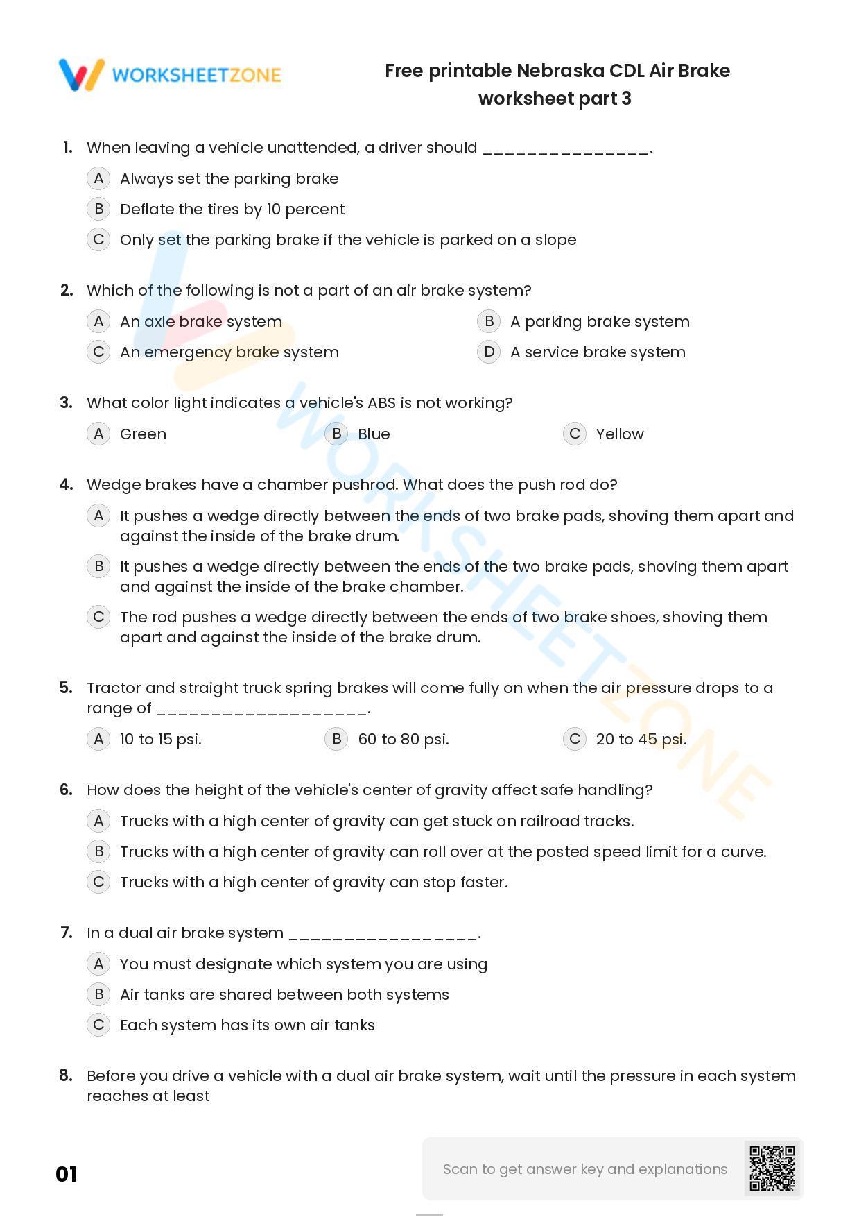 Free printable Nebraska CDL Air Brake worksheet part 6 | Worksheet Zone