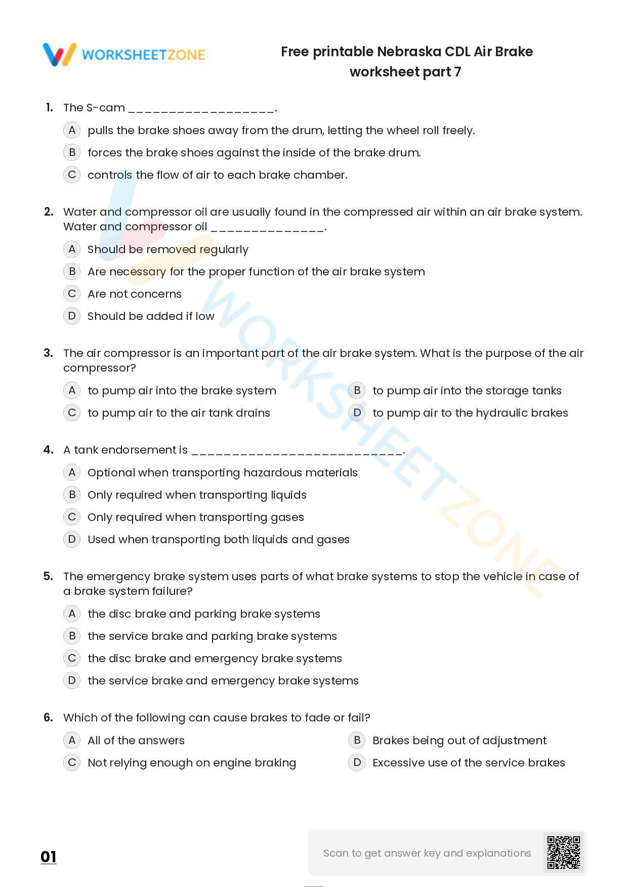 Free printable Nebraska CDL Air Brake worksheet part 6 | Worksheet Zone