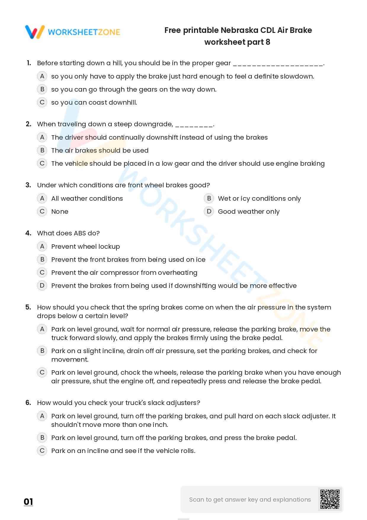 Free printable Nebraska CDL Air Brake worksheet part 6 | Worksheet Zone