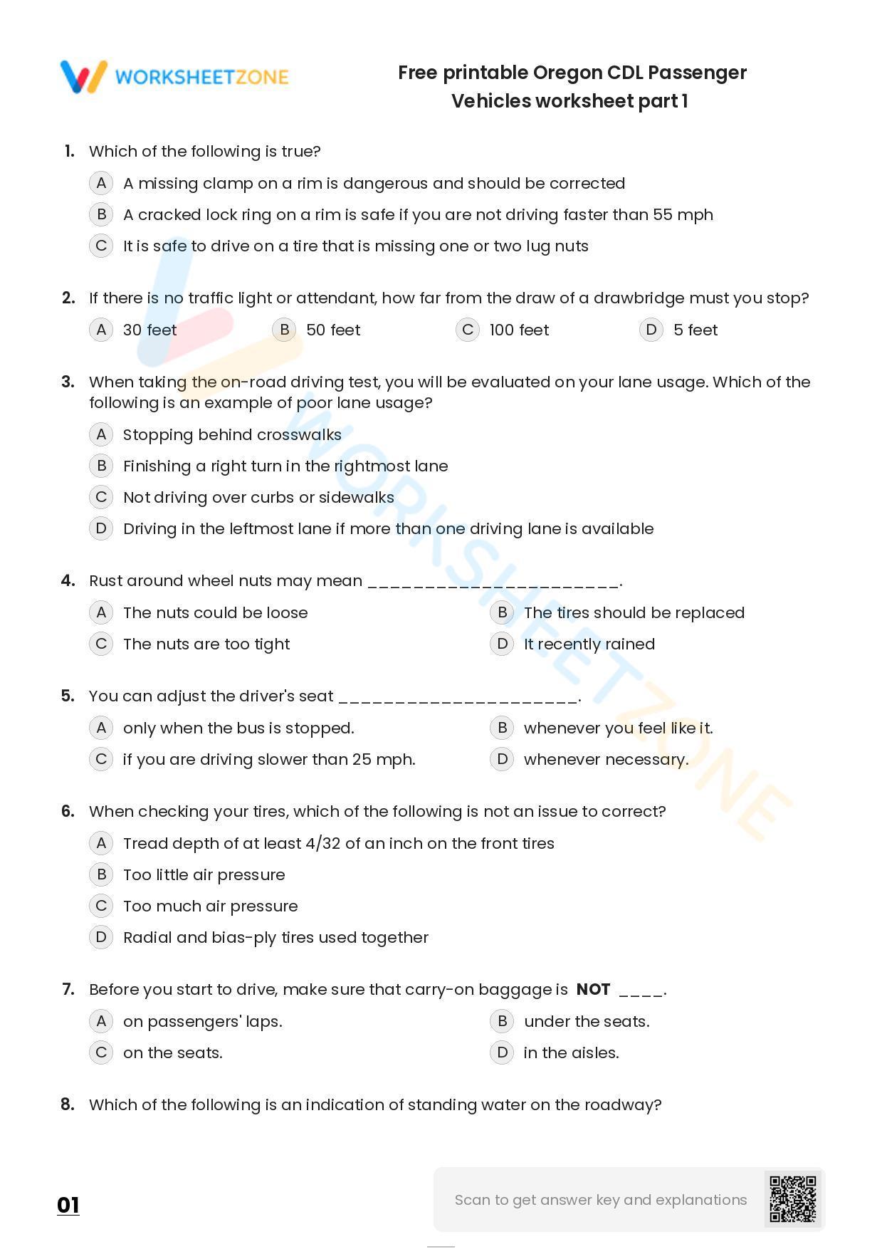 Free Printable Oregon CDL Passenger Vehicles Worksheet Part 1