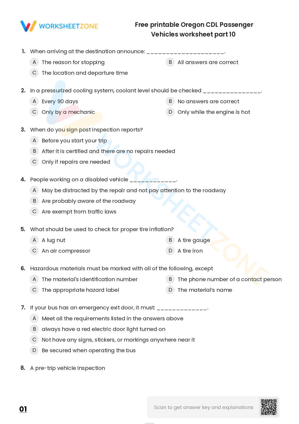 Free Printable Oregon CDL Passenger Vehicles Worksheet Part 10