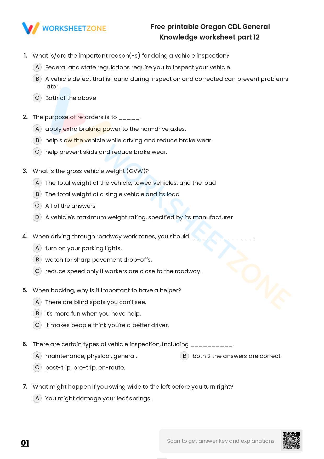 Free Printable Oregon CDL General Knowledge Worksheet Part 12