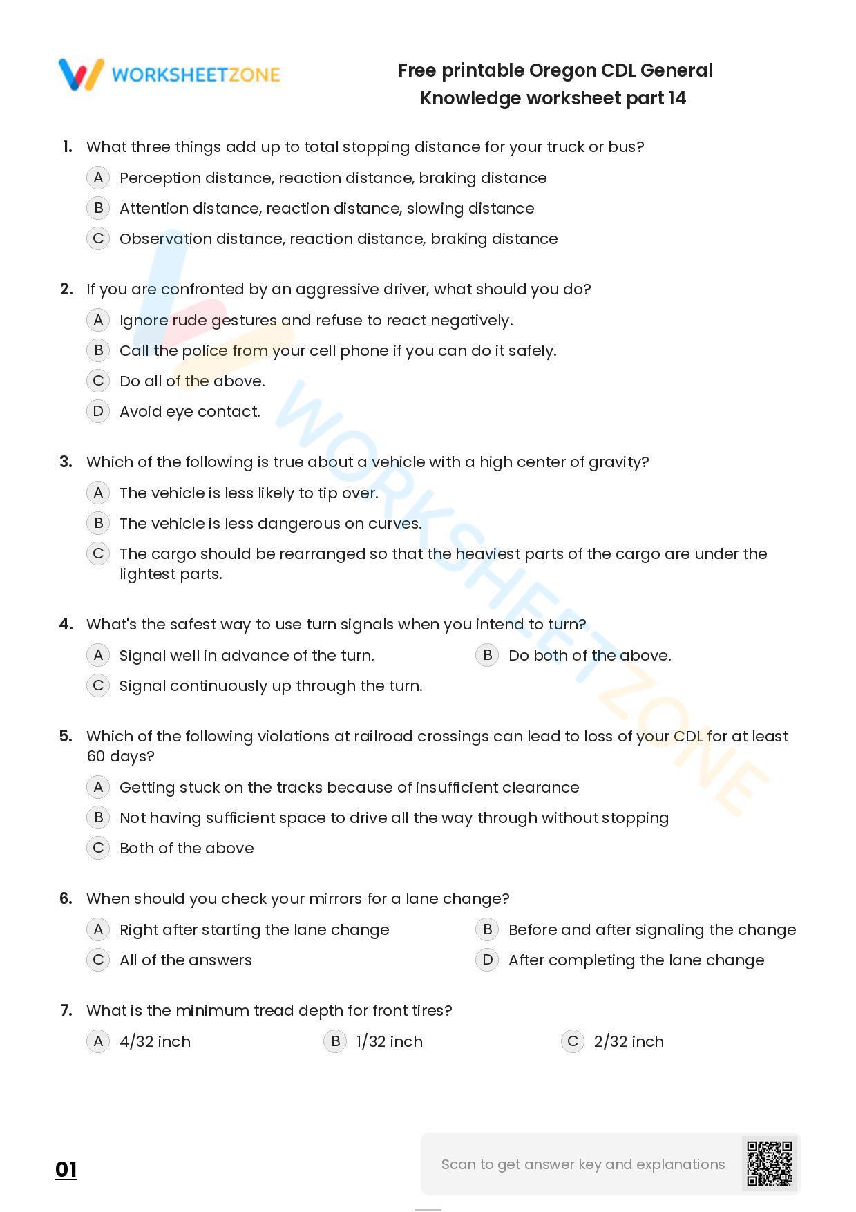 Free printable Oregon CDL General Knowledge worksheet part 14 ...