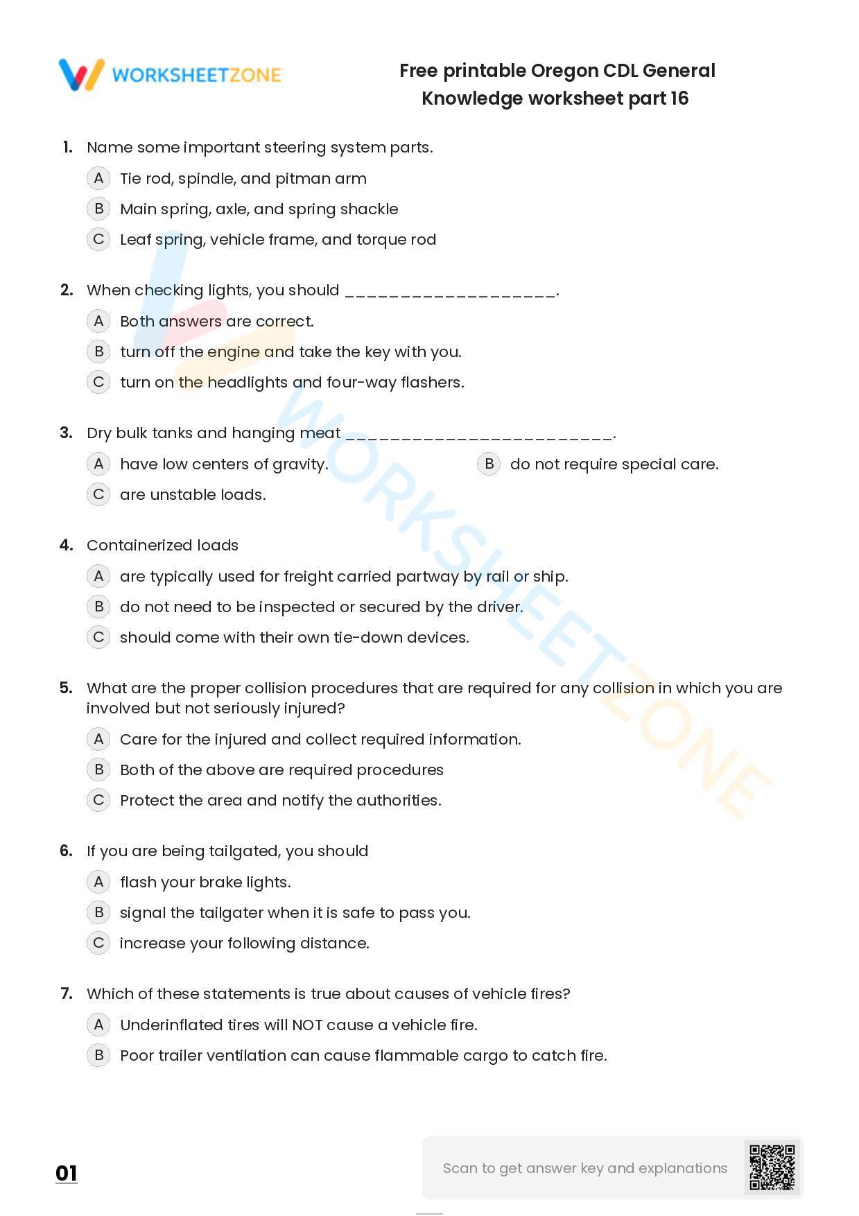 Free Printable Oregon CDL General Knowledge Worksheet Part 16