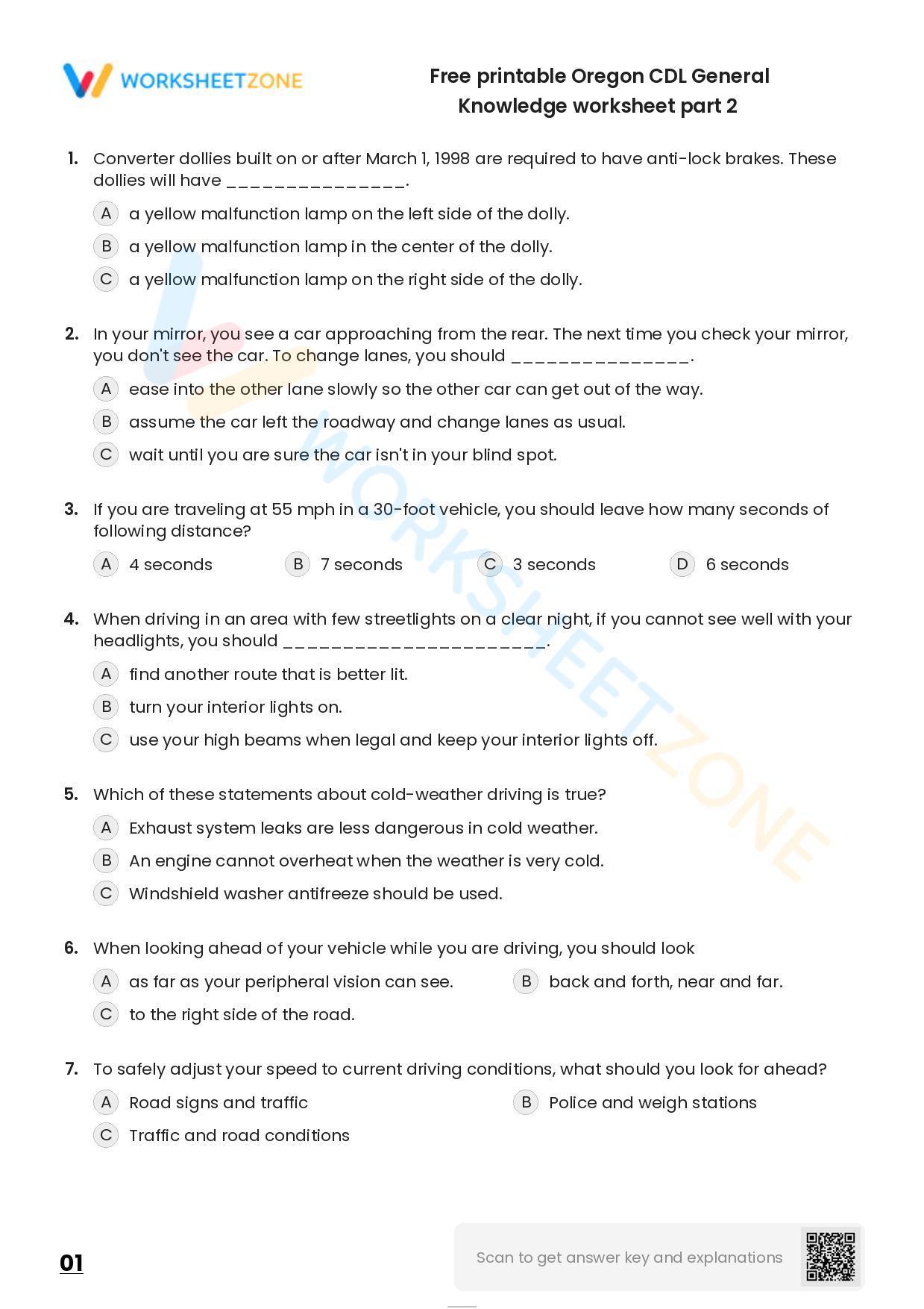 Free Printable Oregon CDL General Knowledge Worksheet Part 2