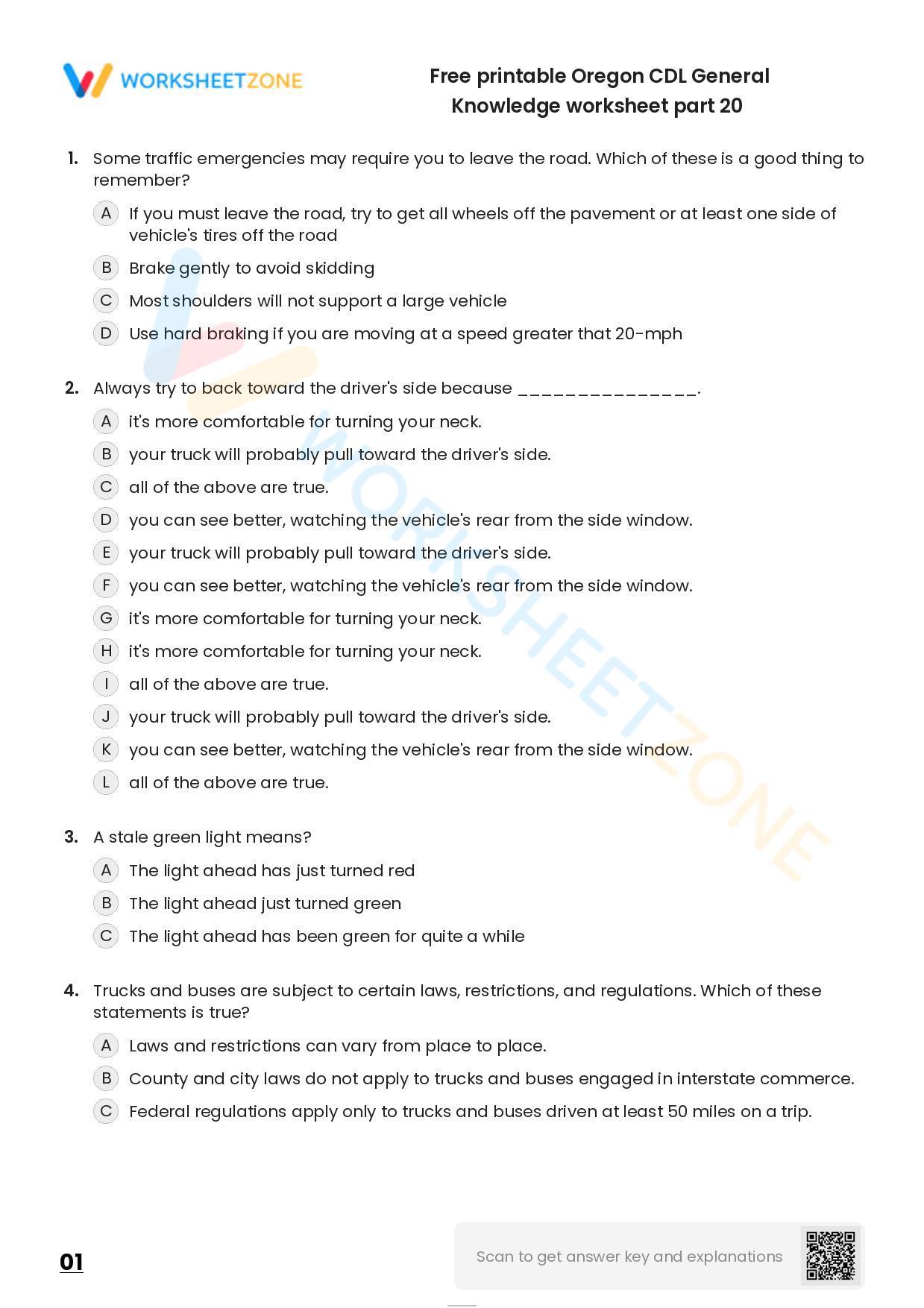 Free Printable Oregon CDL General Knowledge Worksheet Part 20