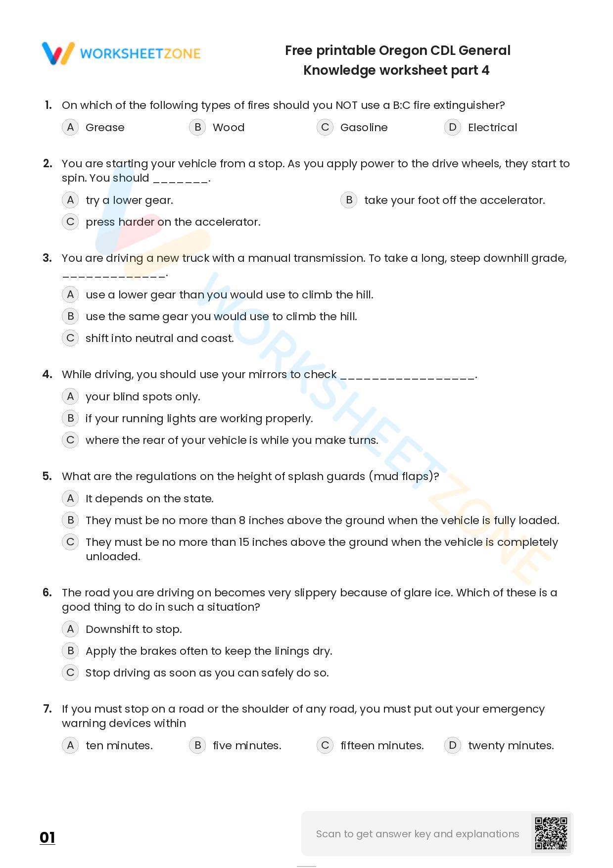 Free Printable Oregon CDL General Knowledge Worksheet Part 4