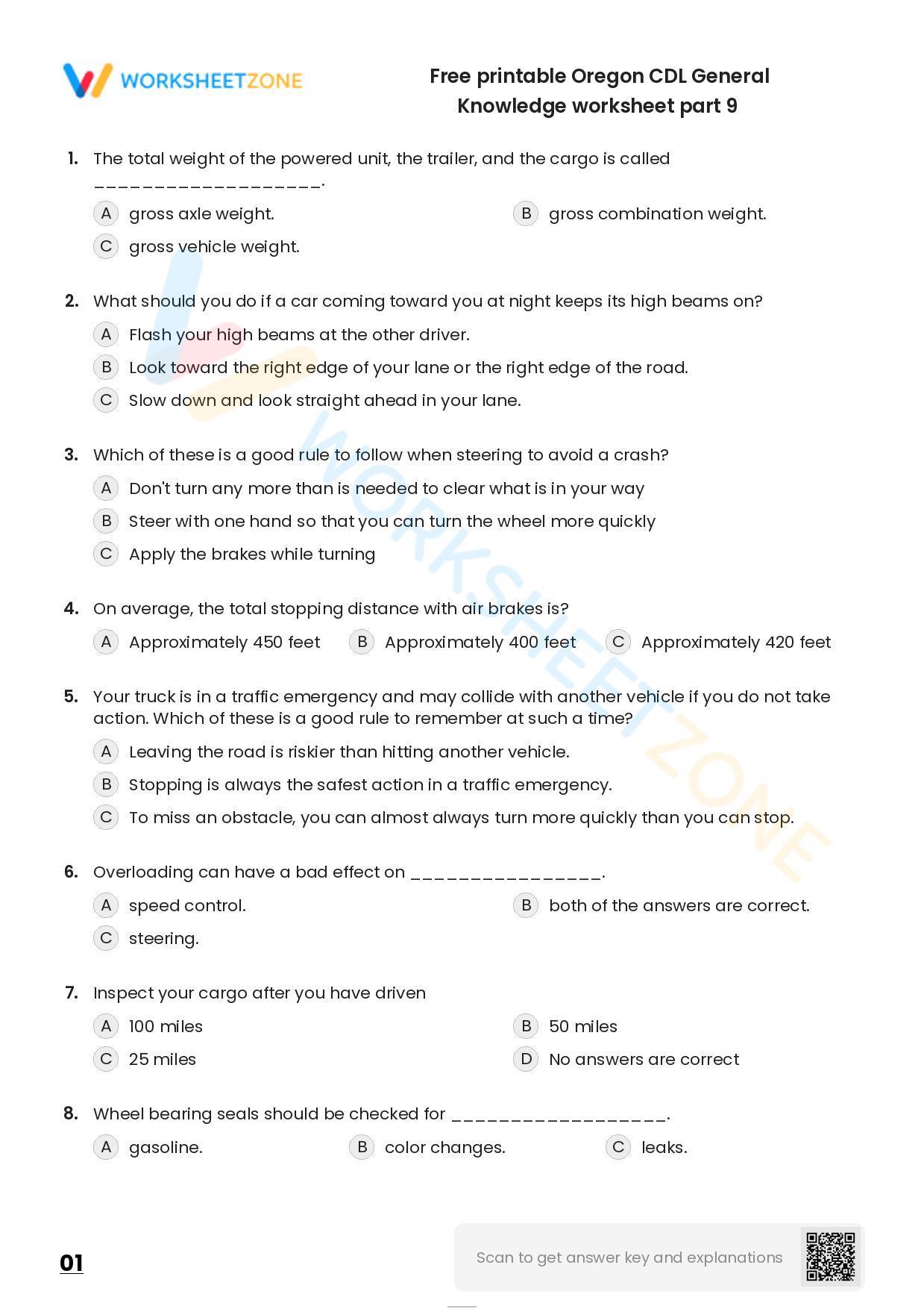 Free Printable Oregon CDL General Knowledge Worksheet Part 9