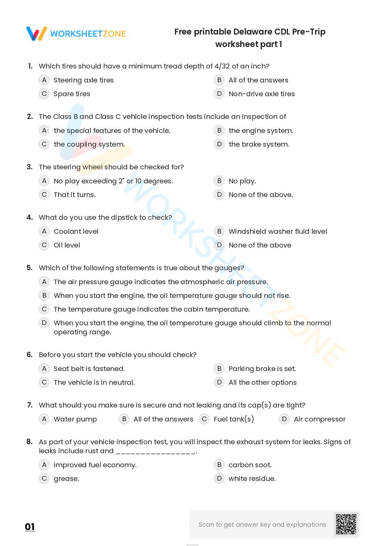 Free Printable Delaware CDL Pre-Trip Worksheet Part 1