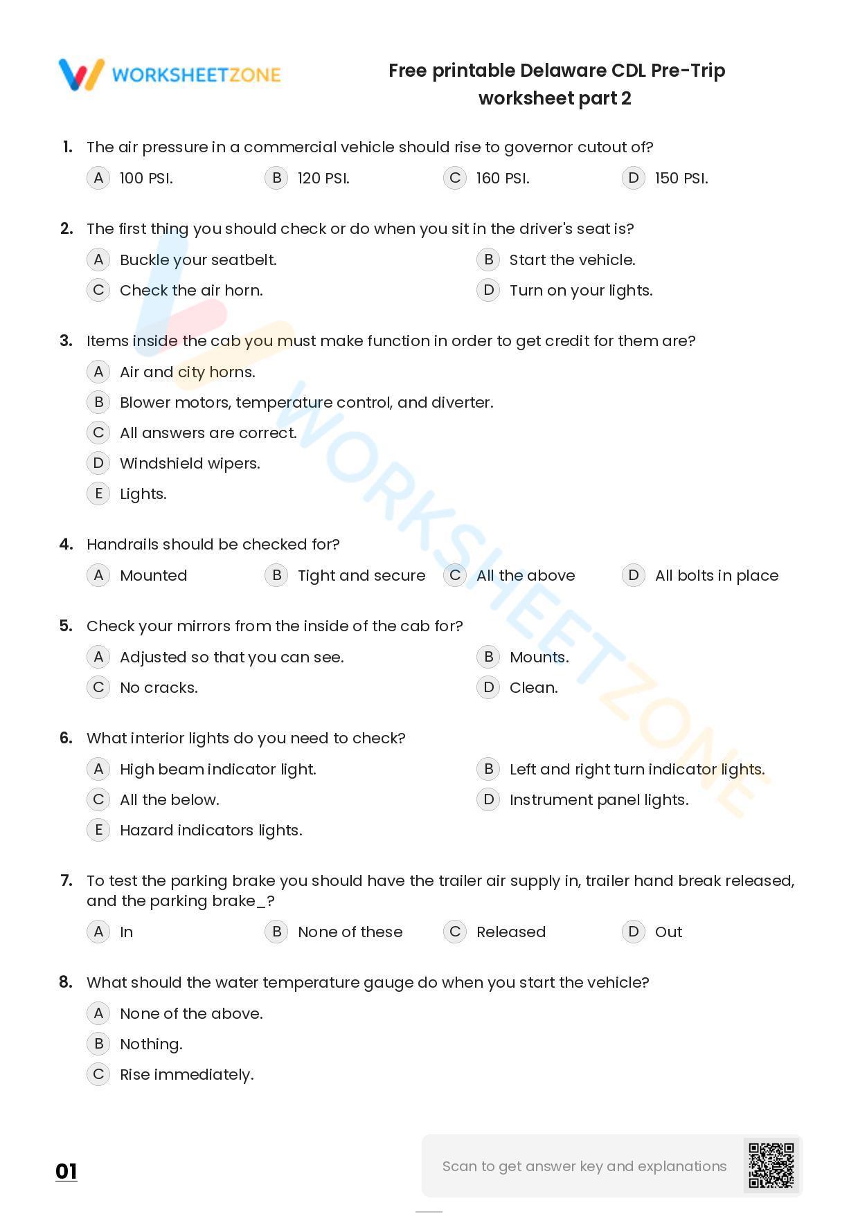 Free Printable Delaware CDL Pre-Trip Worksheet Part 2