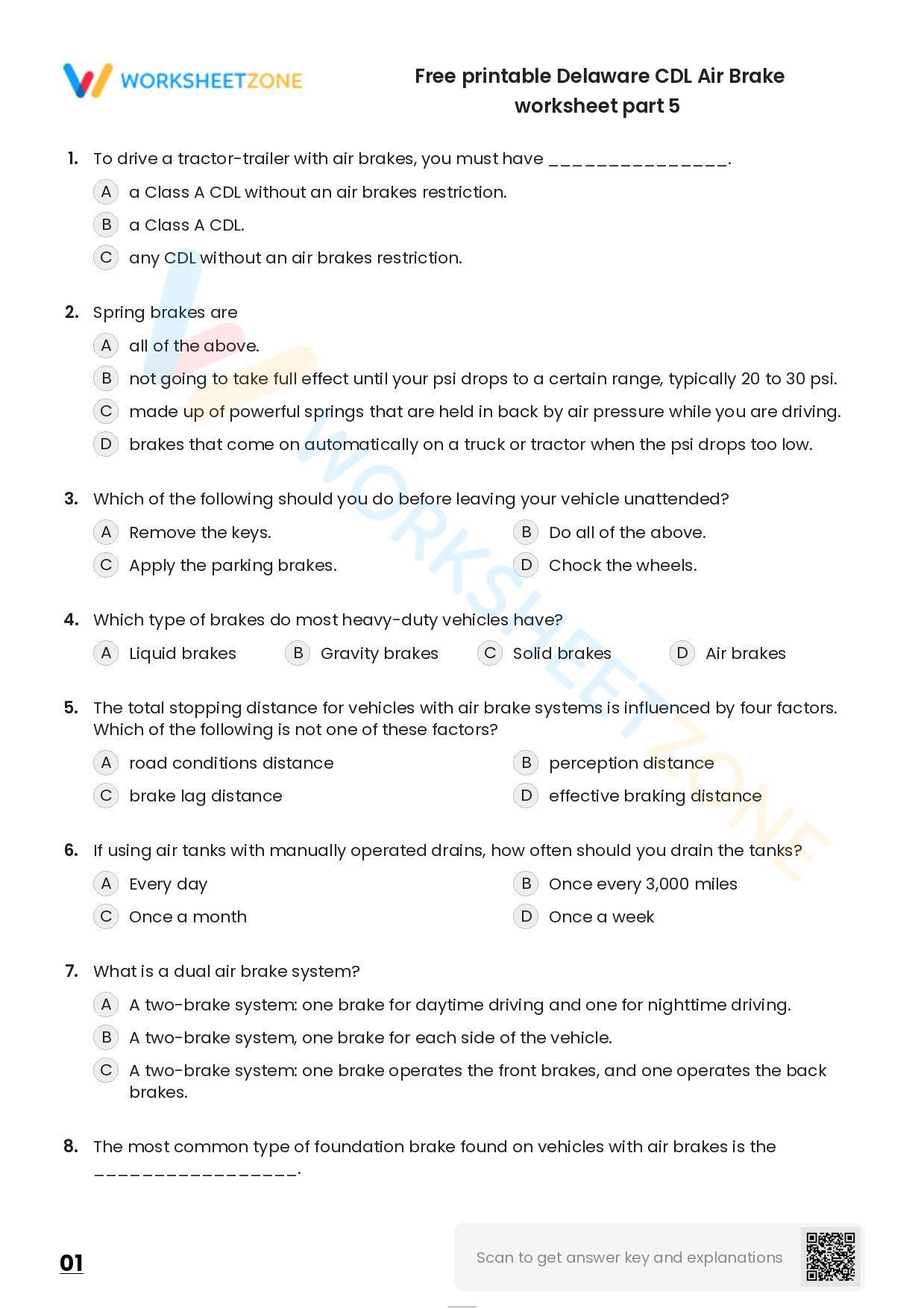 Free Printable Delaware CDL Air Brake Worksheet Part 5