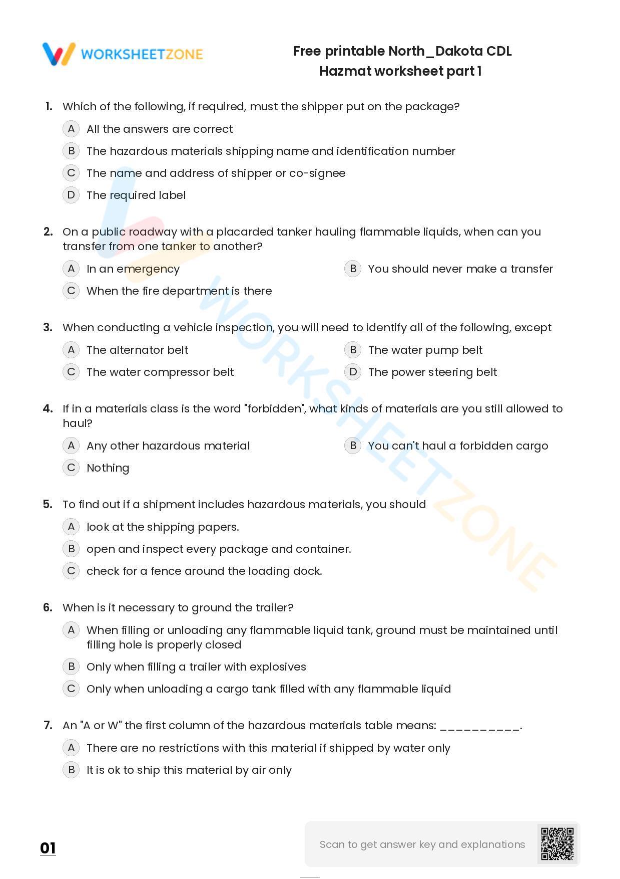 Free Printable North/Dakota CDL Hazmat Worksheet Part 1