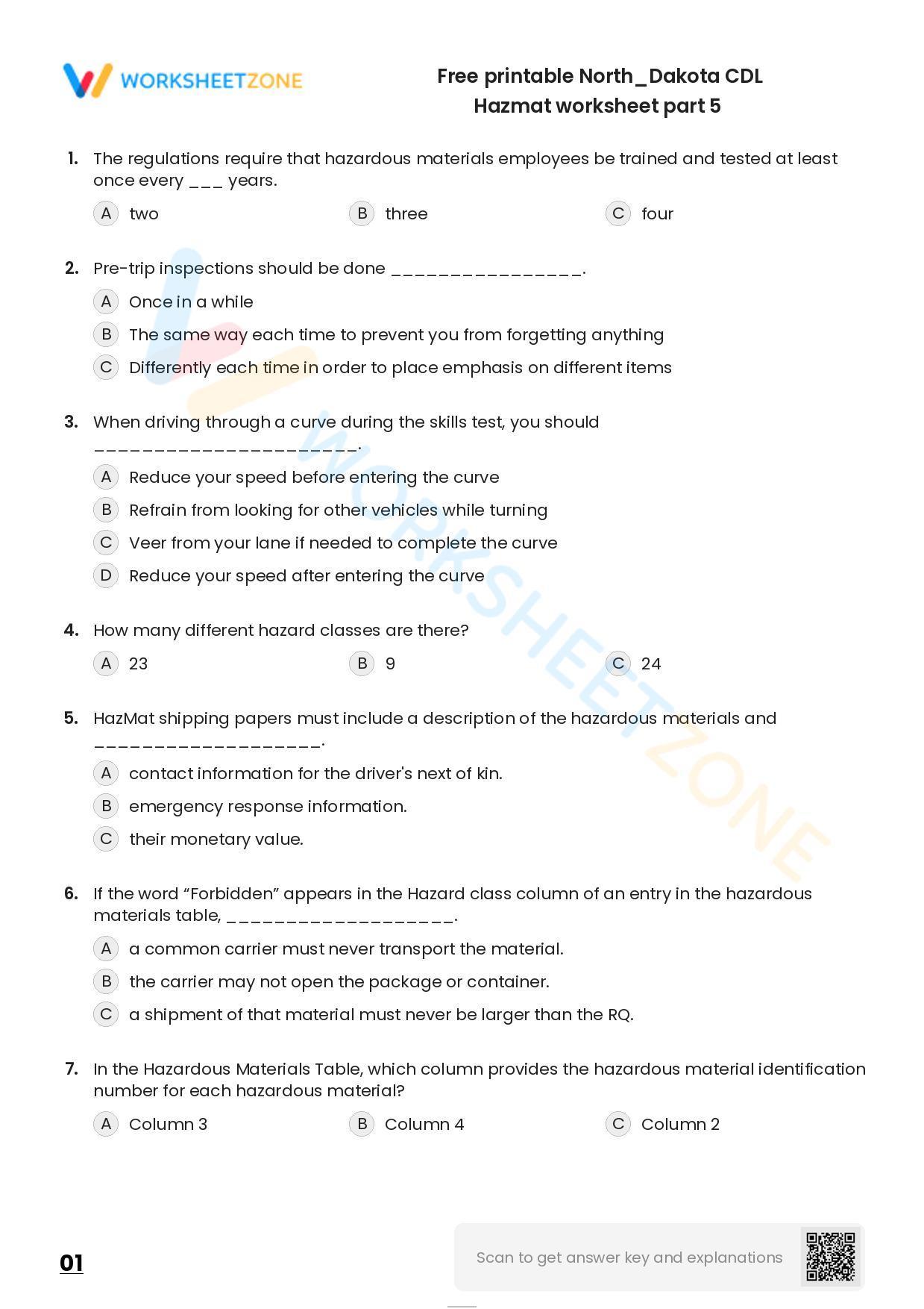 Free Printable North/Dakota CDL Hazmat Worksheet Part 5