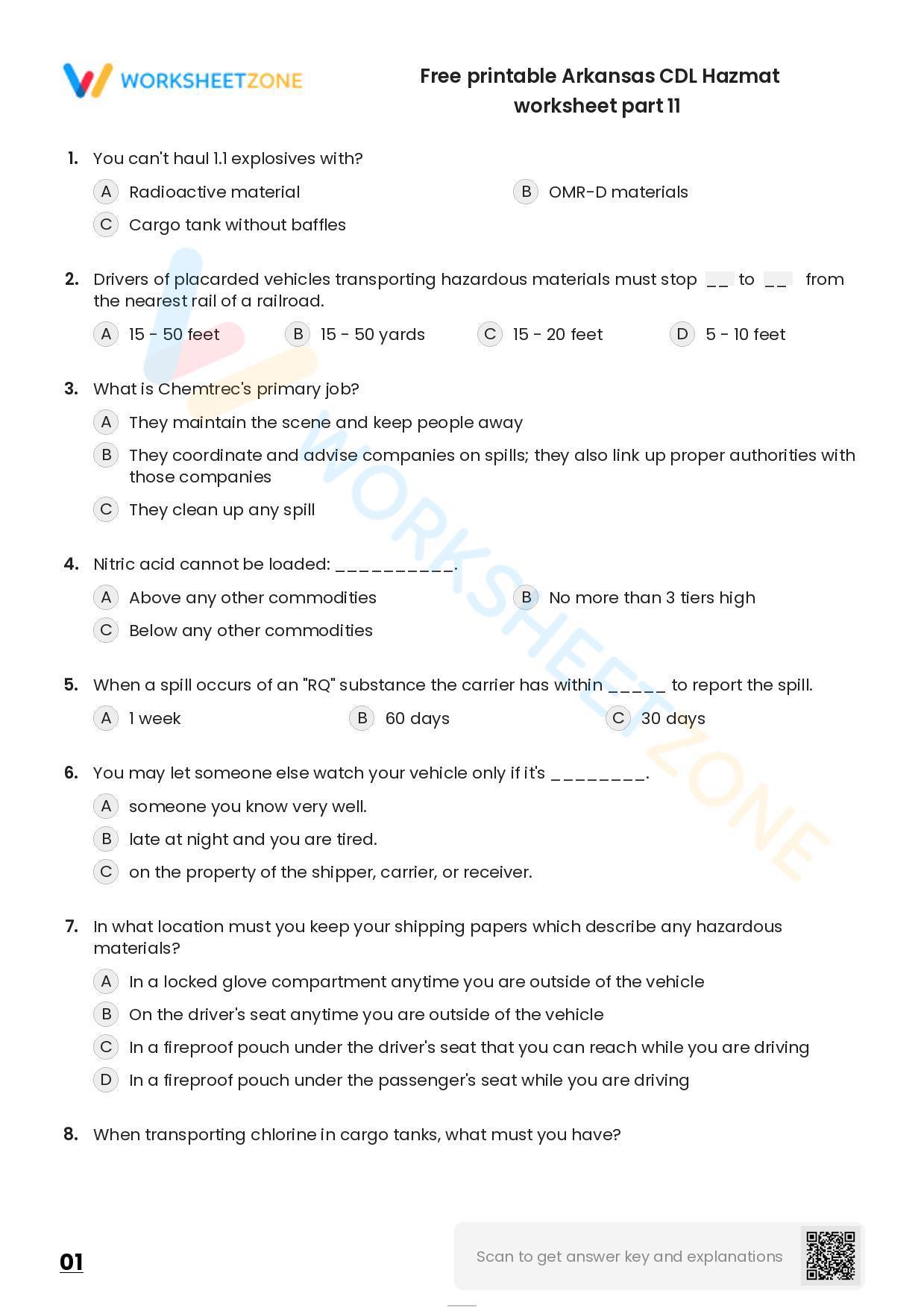 Free Printable Arkansas CDL Hazmat Worksheet Part 11