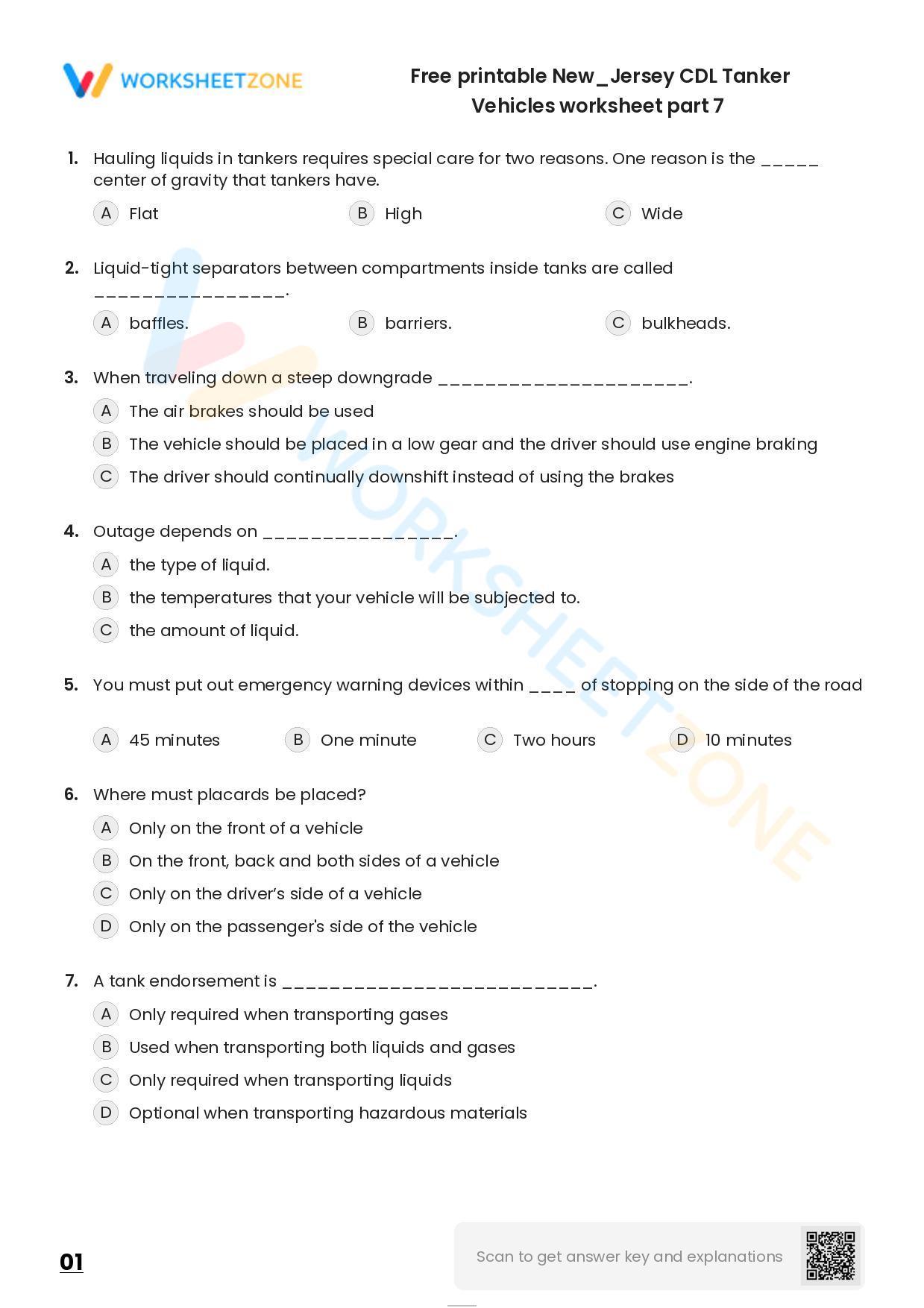 Free Printable New/Jersey CDL Tanker Vehicles Worksheet Part 7