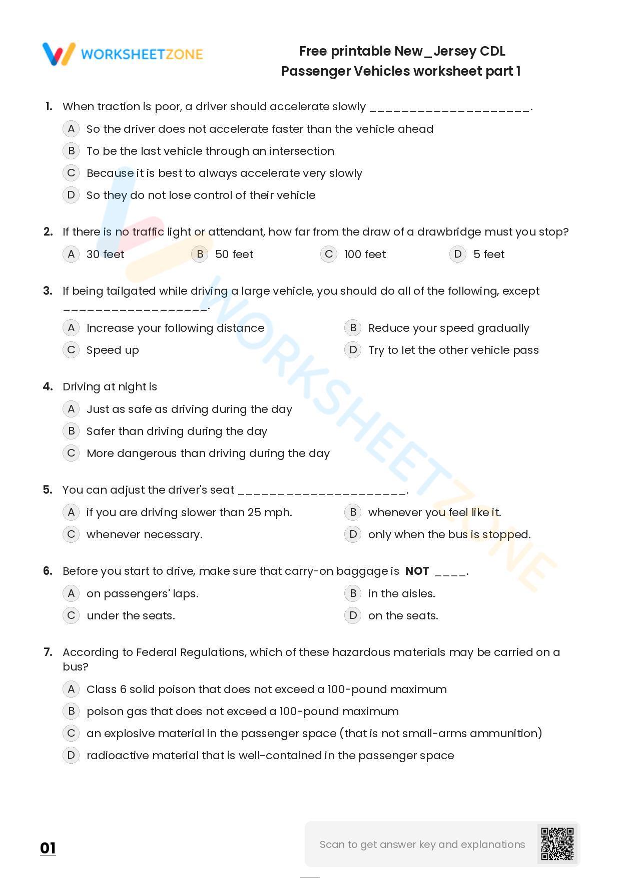 Free Printable New/Jersey CDL Passenger Vehicles Worksheet Part 1