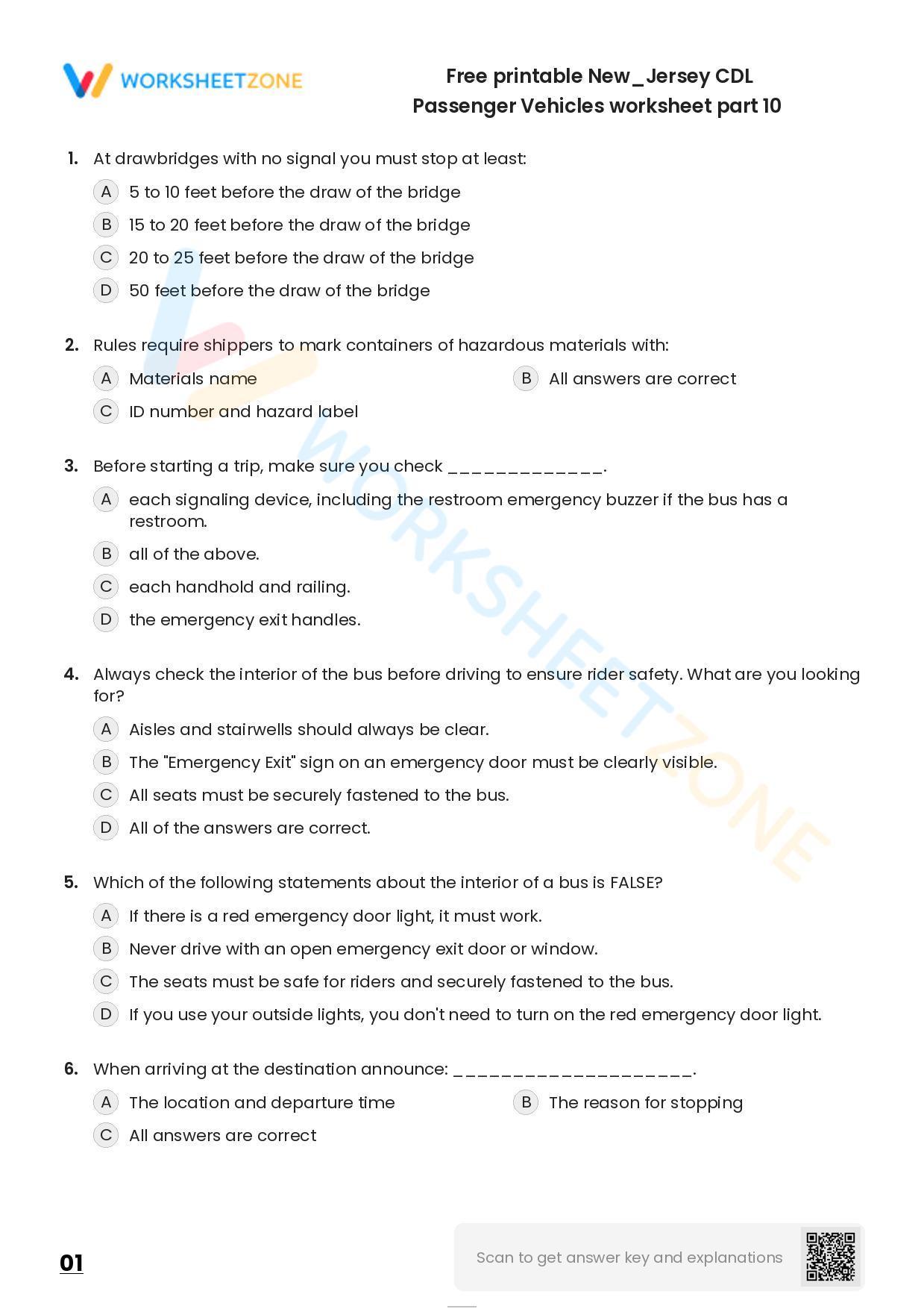 Free Printable New/Jersey CDL Passenger Vehicles Worksheet Part 10