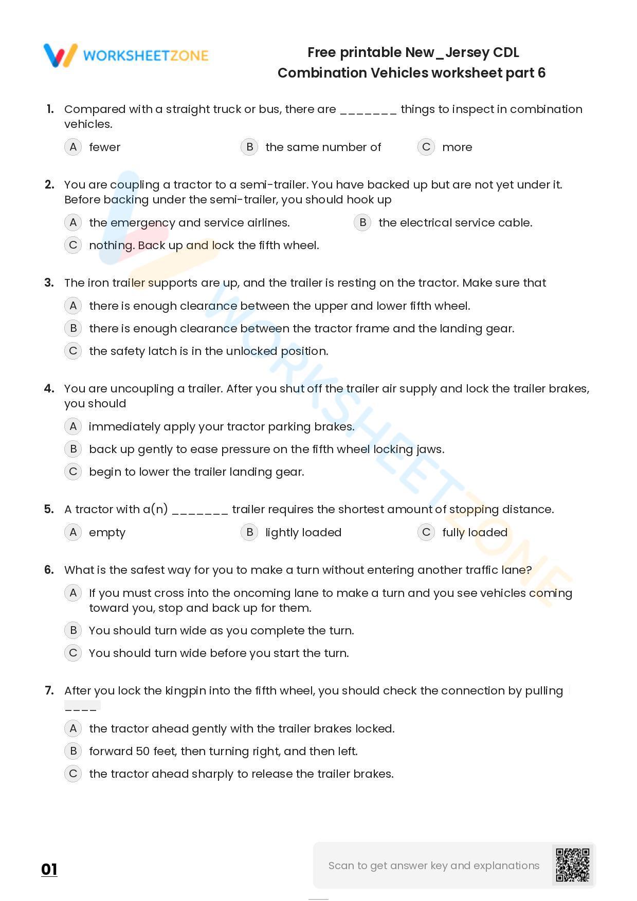 Free Printable New/Jersey CDL Combination Vehicles Worksheet Part 6