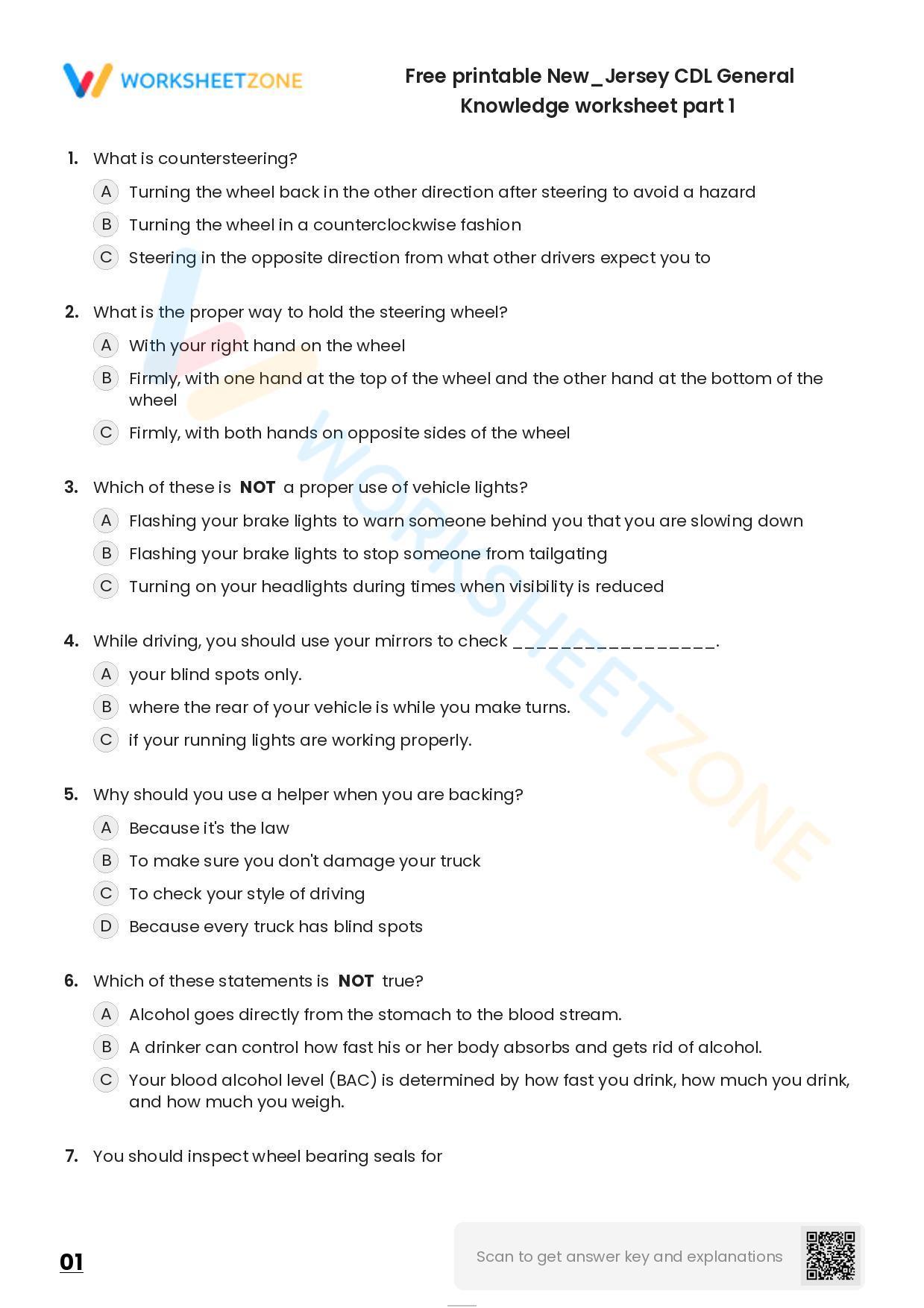 Free Printable New/Jersey CDL General Knowledge Worksheet Part 1